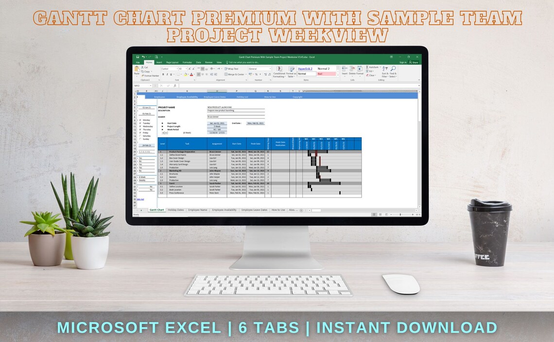 Weekly Project Planner Excel Template With Gantt Chart PRO With ...