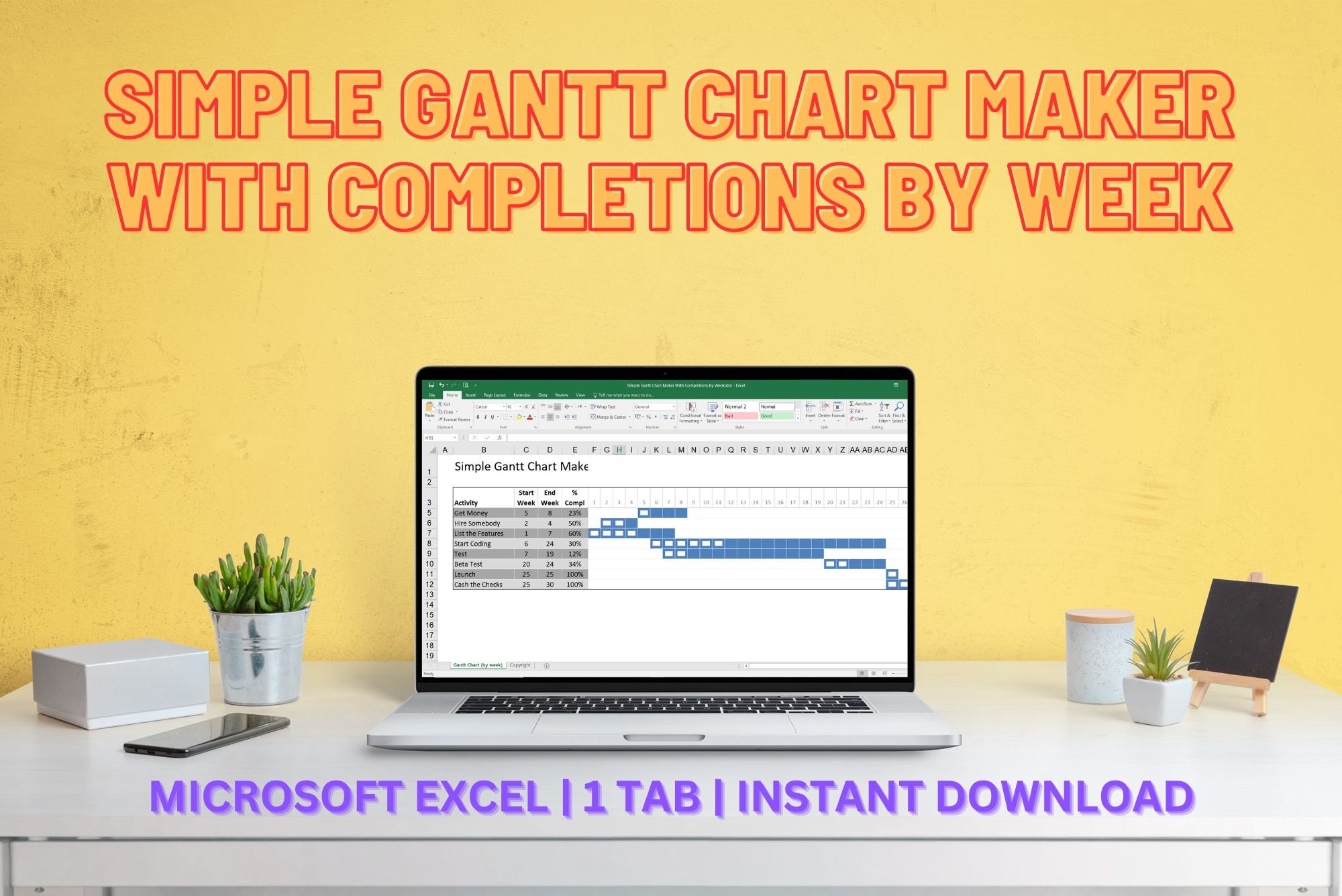 Simple Gantt Chart Weekly Planner With Progress Tracking Excel Template ...