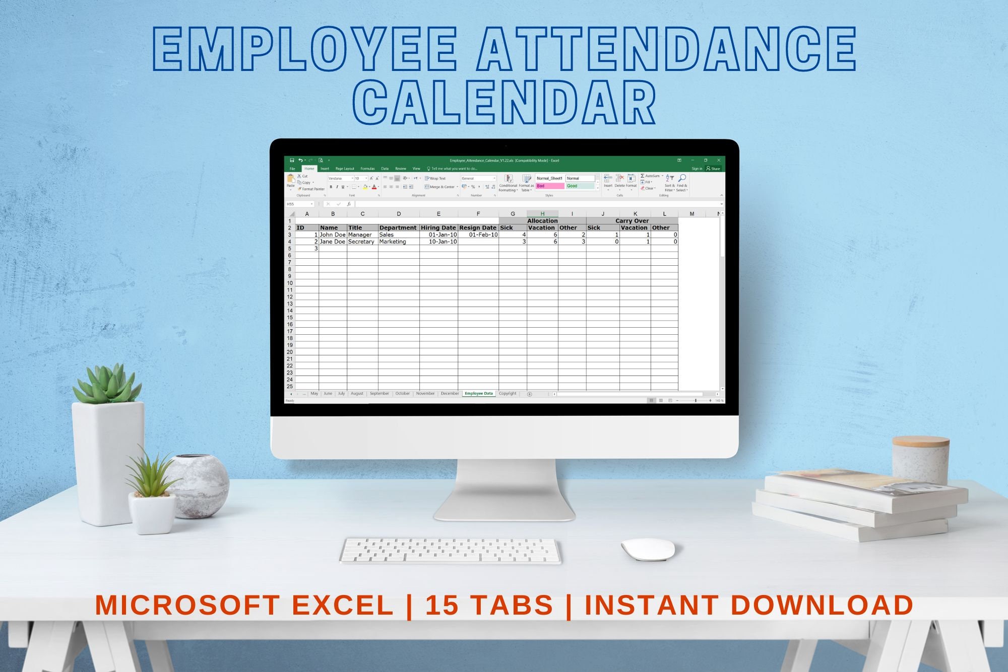 Employee Attendance Calendar & Attendance Tracker With Half Day off ...