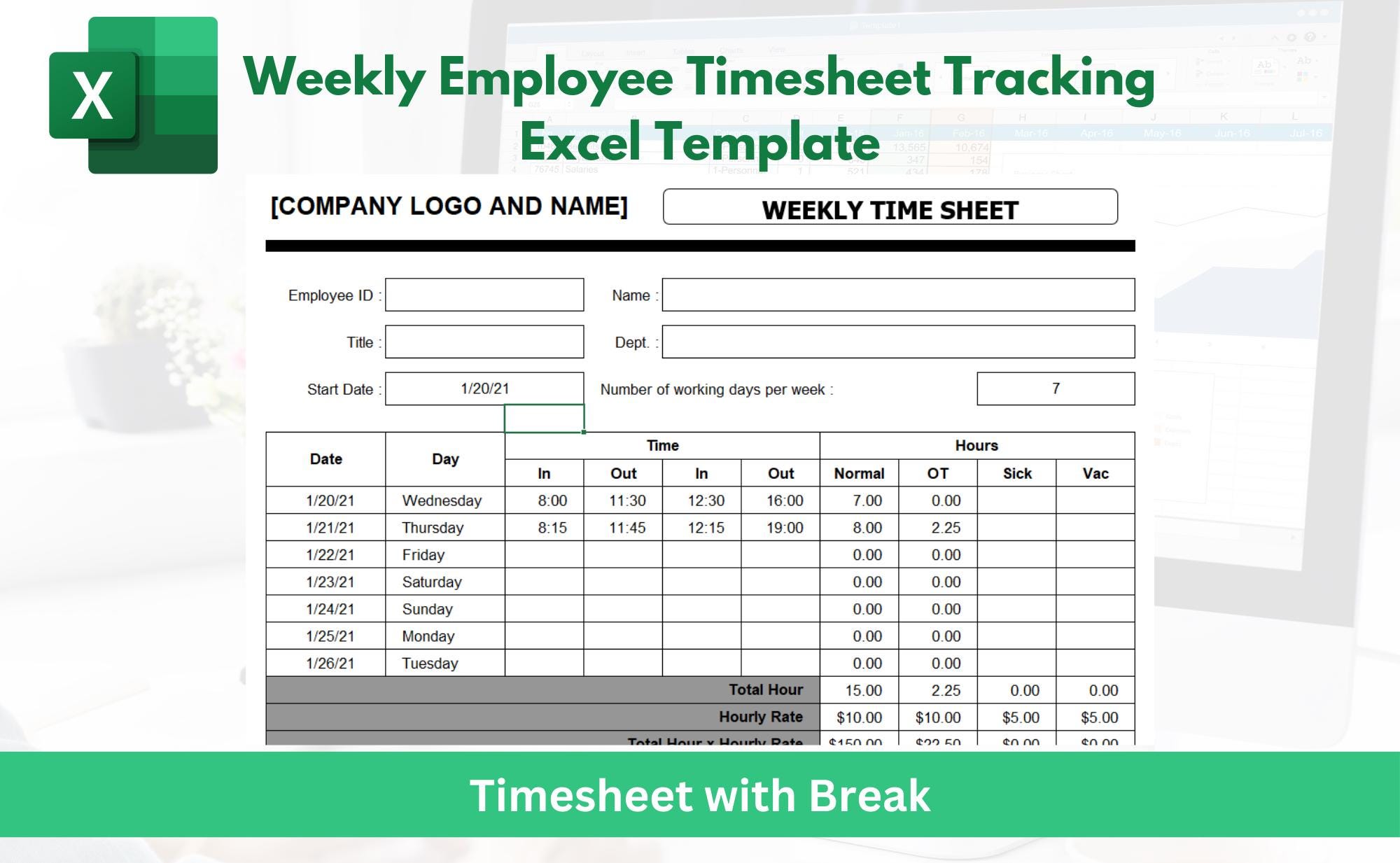 Weekly Employee Timesheet Tracking Excel Template - Etsy