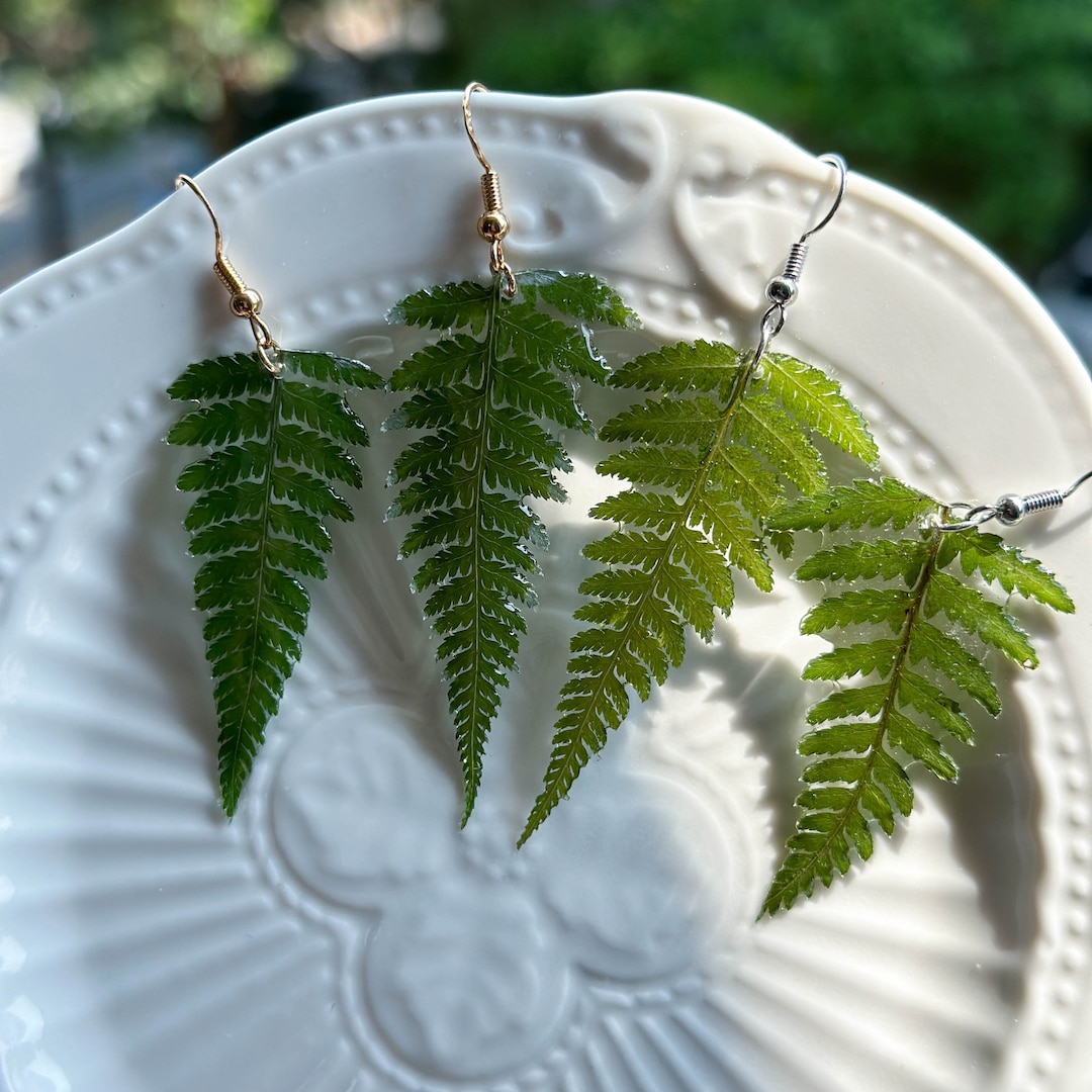 Real Fern Leaf Earrings, Pressed Leaf Earrings, Dried Leaves Resin Earrings, Green Leaf Earrings ...