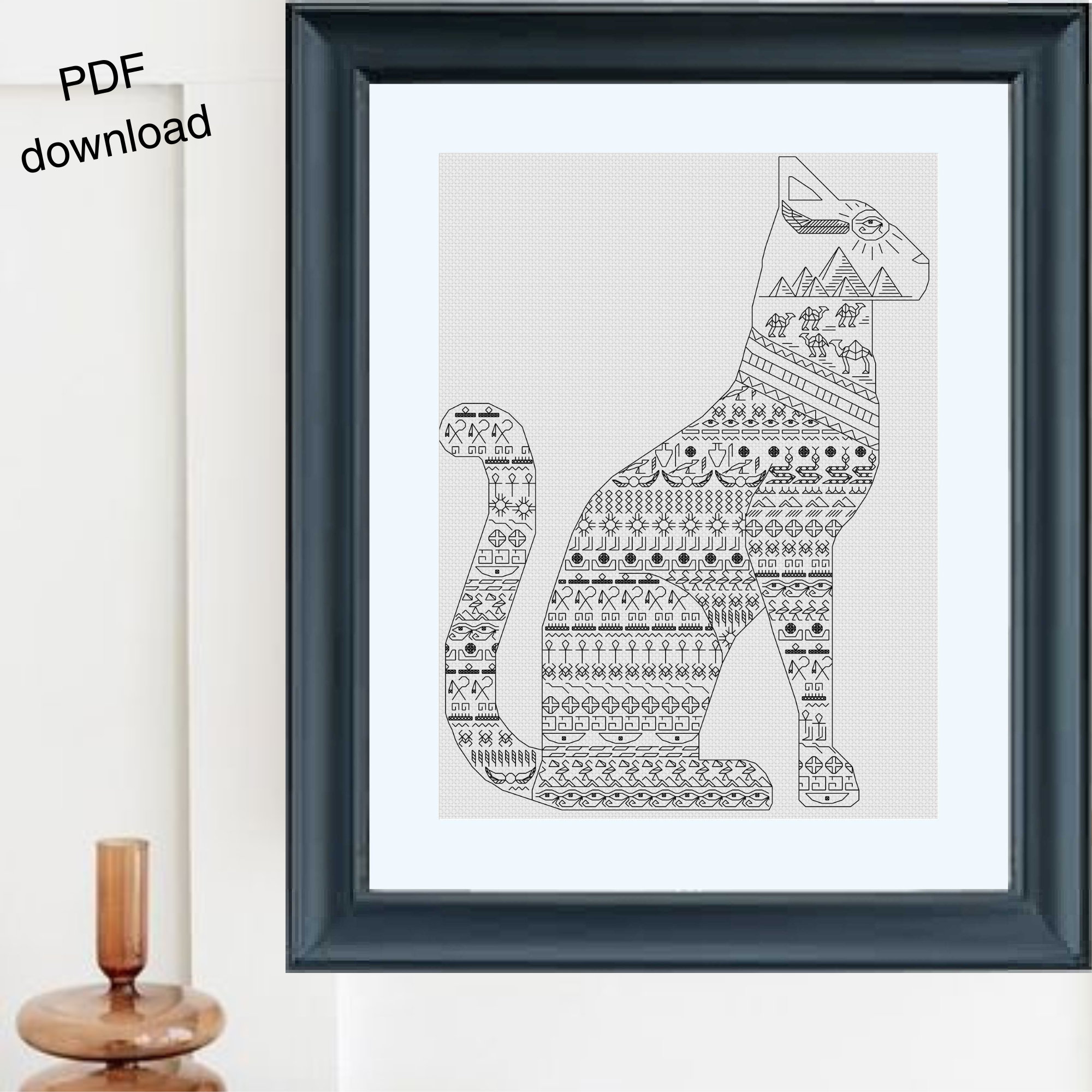 Blackwork Embroidery Pattern -ancient Egypt Cat- Unique Blackwork ...