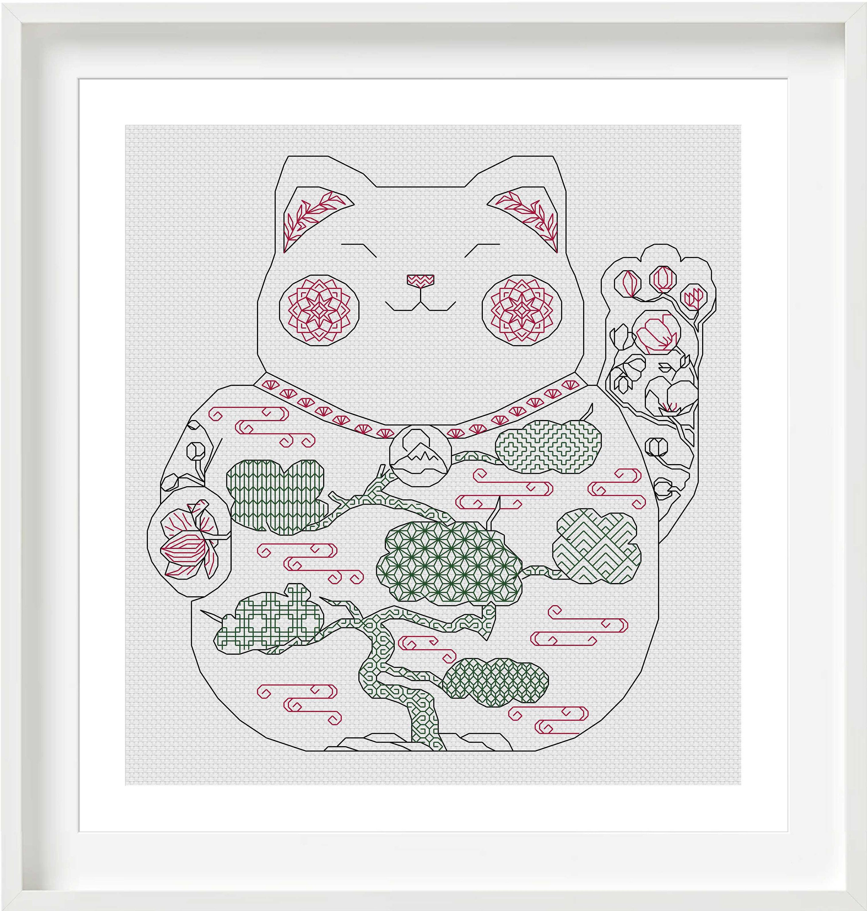 Blackwork Embroidery Pattern -japanese Cat - Unique Blackwork Pattern ...