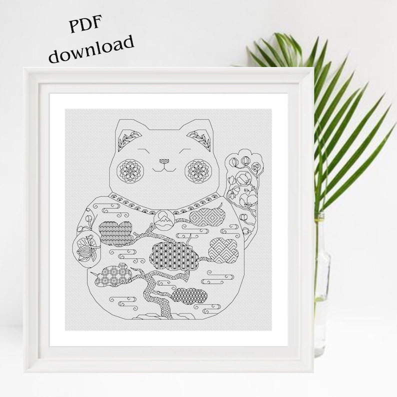 Blackwork Embroidery Pattern -japanese Cat - Unique Blackwork Pattern ...