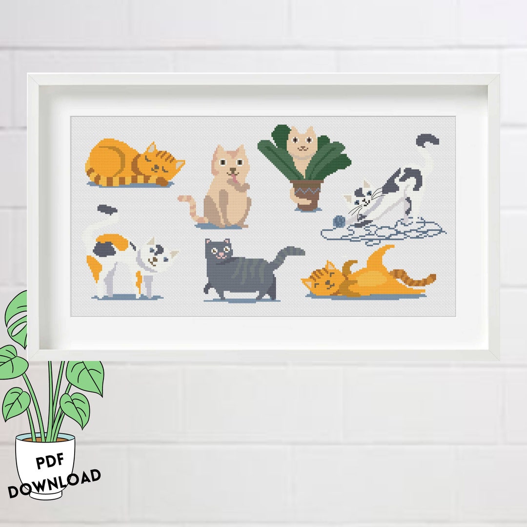 Seven Cats , 7 Cats Cute Design, for Relaxing Stitching, Instant ...