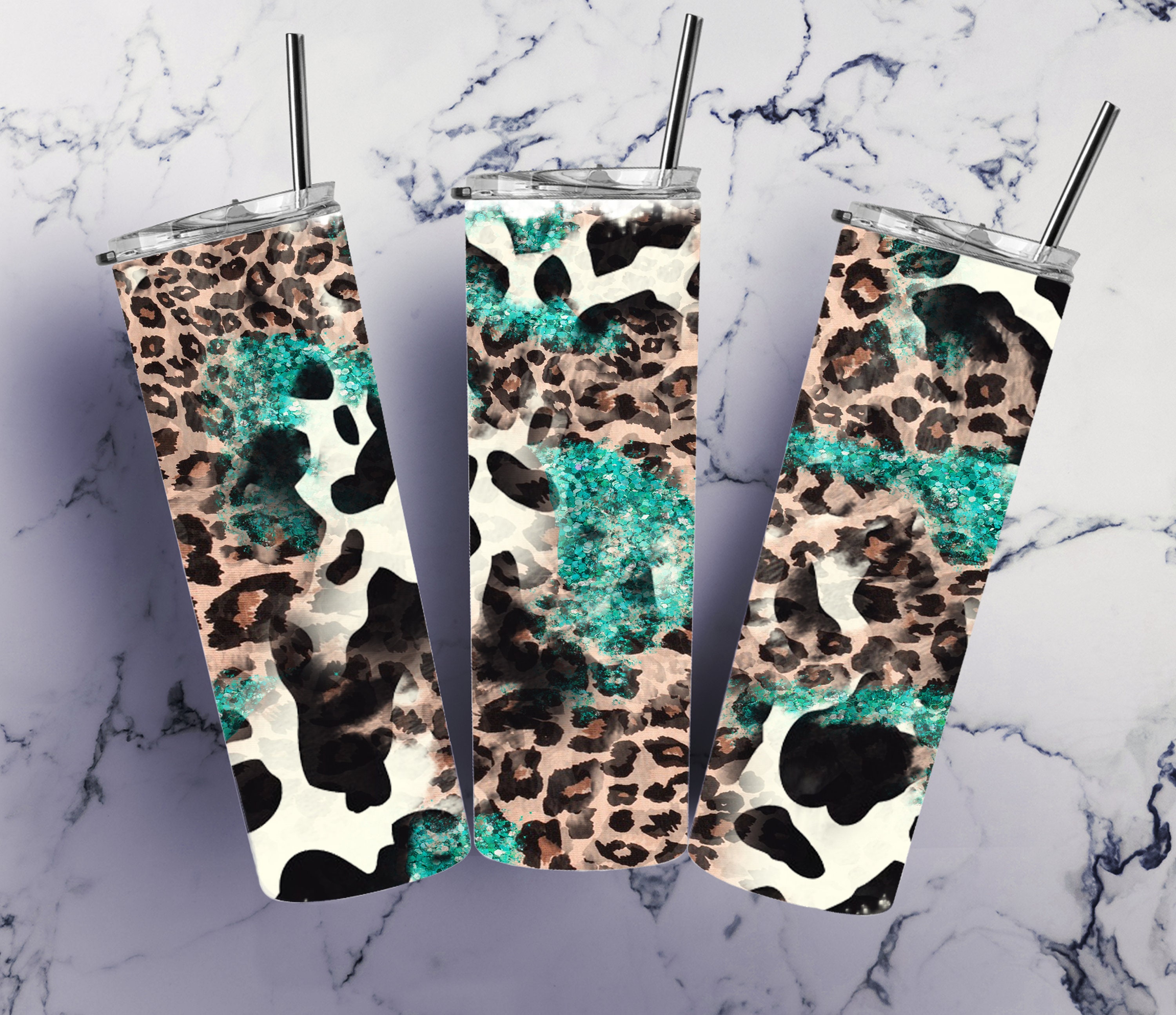 Cowhide Leopard Turquoise Glitter Background PNG Sublimation Design ...