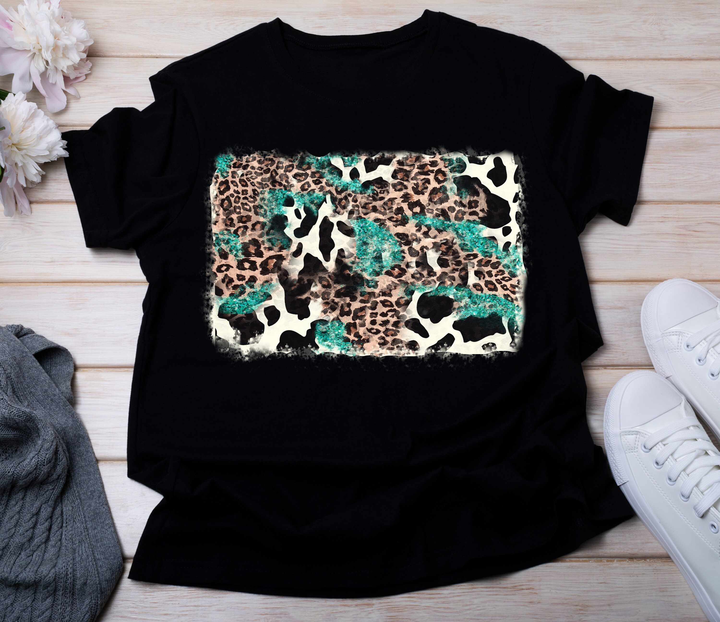 Cowhide Leopard Turquoise Glitter Background PNG Sublimation Design ...