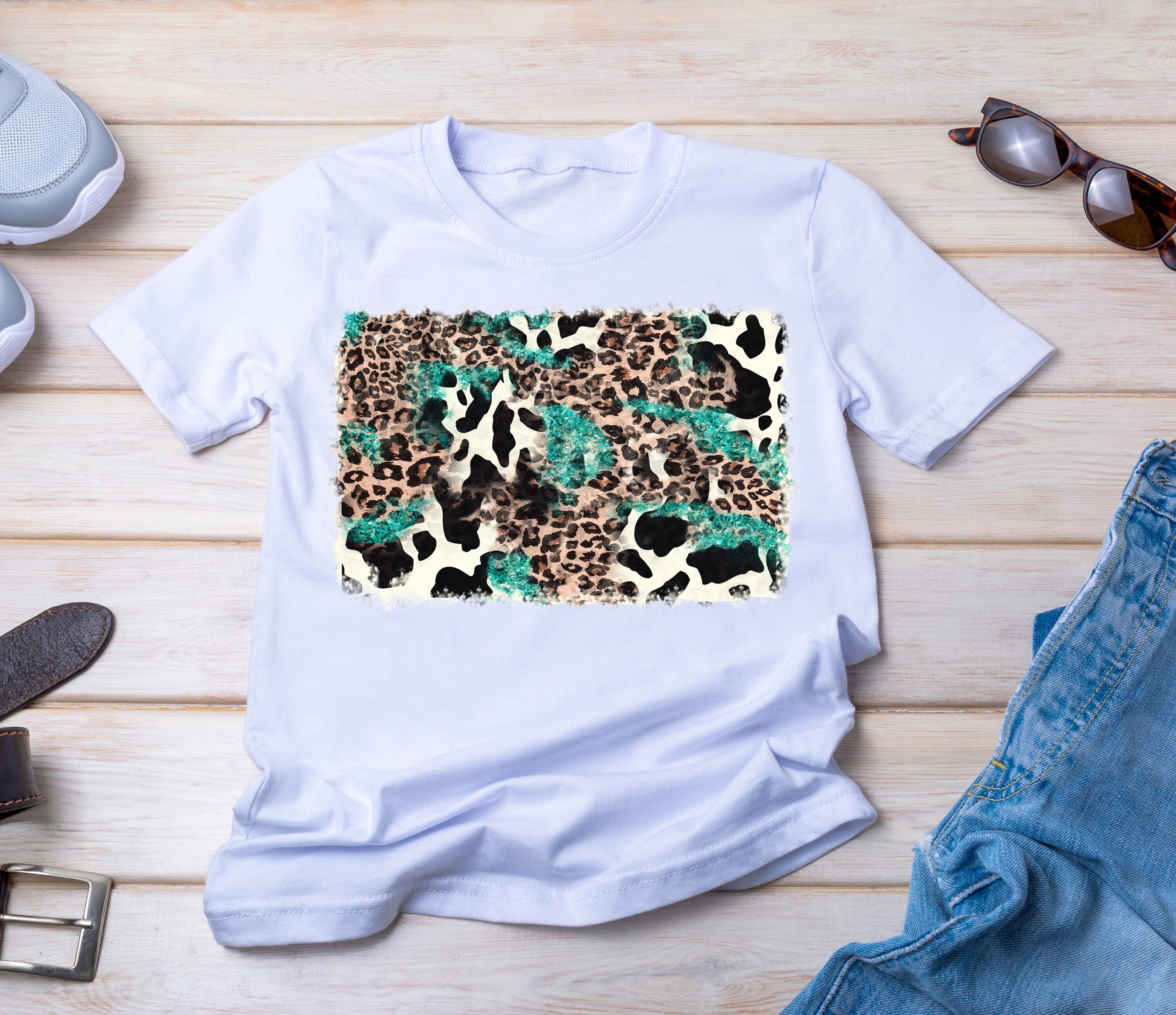 Cowhide Leopard Turquoise Glitter Background PNG Sublimation Design ...