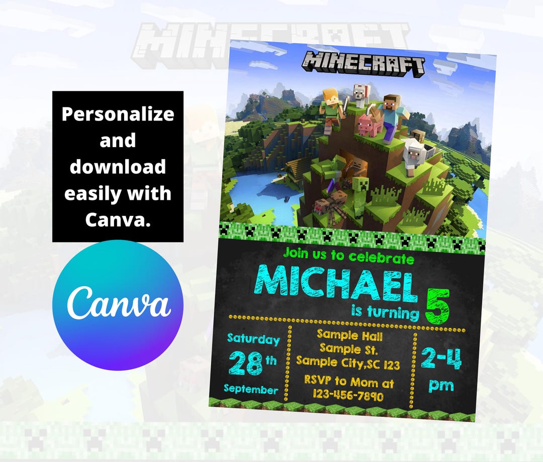 Invitación de cumpleaños de Minecraft editable, invitación de Minecraft ...
