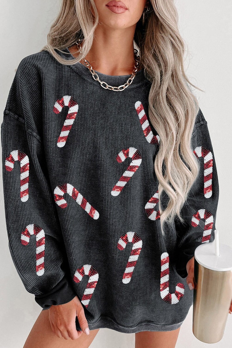 Black Christmas Cane Glitter Pattern Drawstring Sweatshirt, Santa Print ...