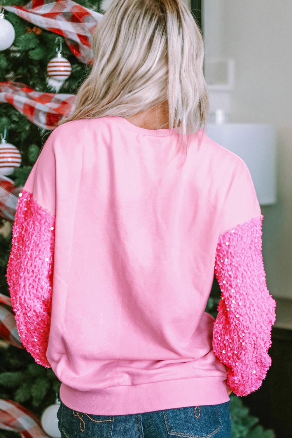 Pink Glitter Drinks Graphic Drops Shoulder Sequin Sleeve Top, Heart ...