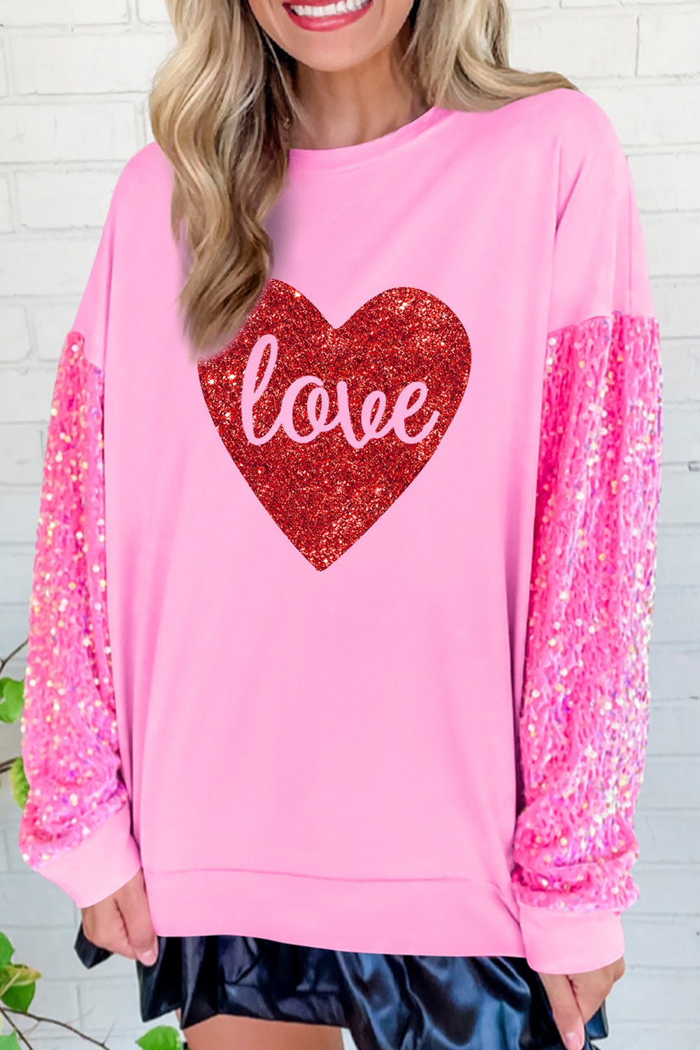 Pink Glitter Drinks Graphic Drops Shoulder Sequin Sleeve Top, Heart ...