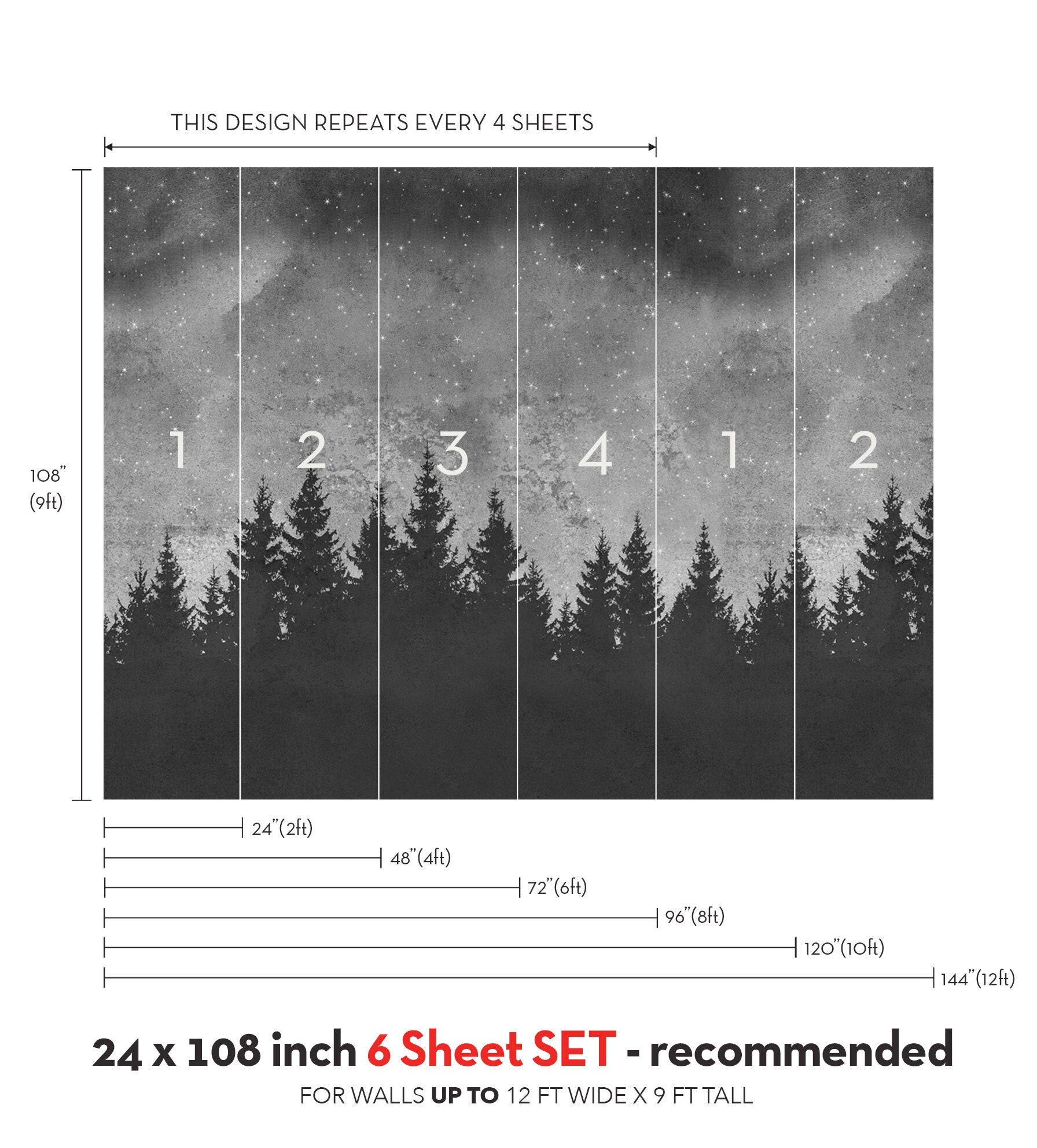 Forest Trees Night Scene Mural Wallpaper, Black & White, Extra Large ...