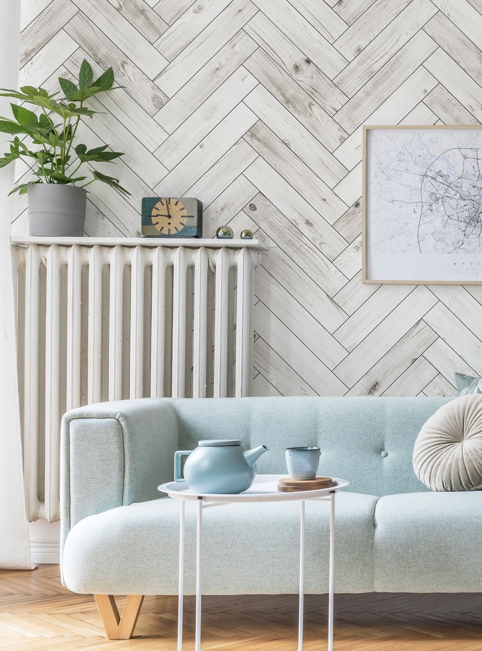 Herringbone Whitewashed Barn Wood Planks Mural Wallpaper, White, Wall ...