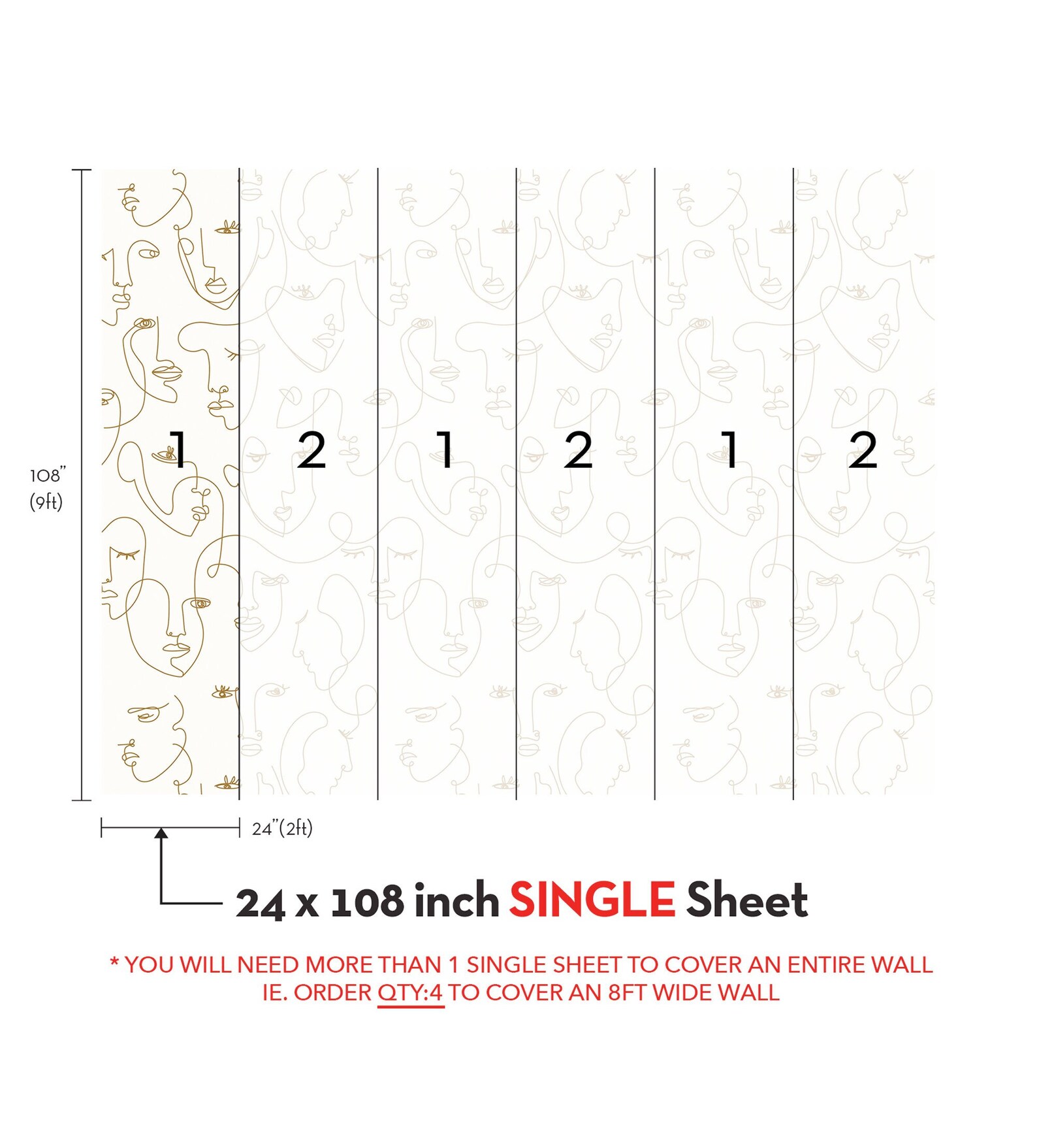 Minimalist Face Line Art Mural Wallpaper, Gold, Peel and Stick Wall ...