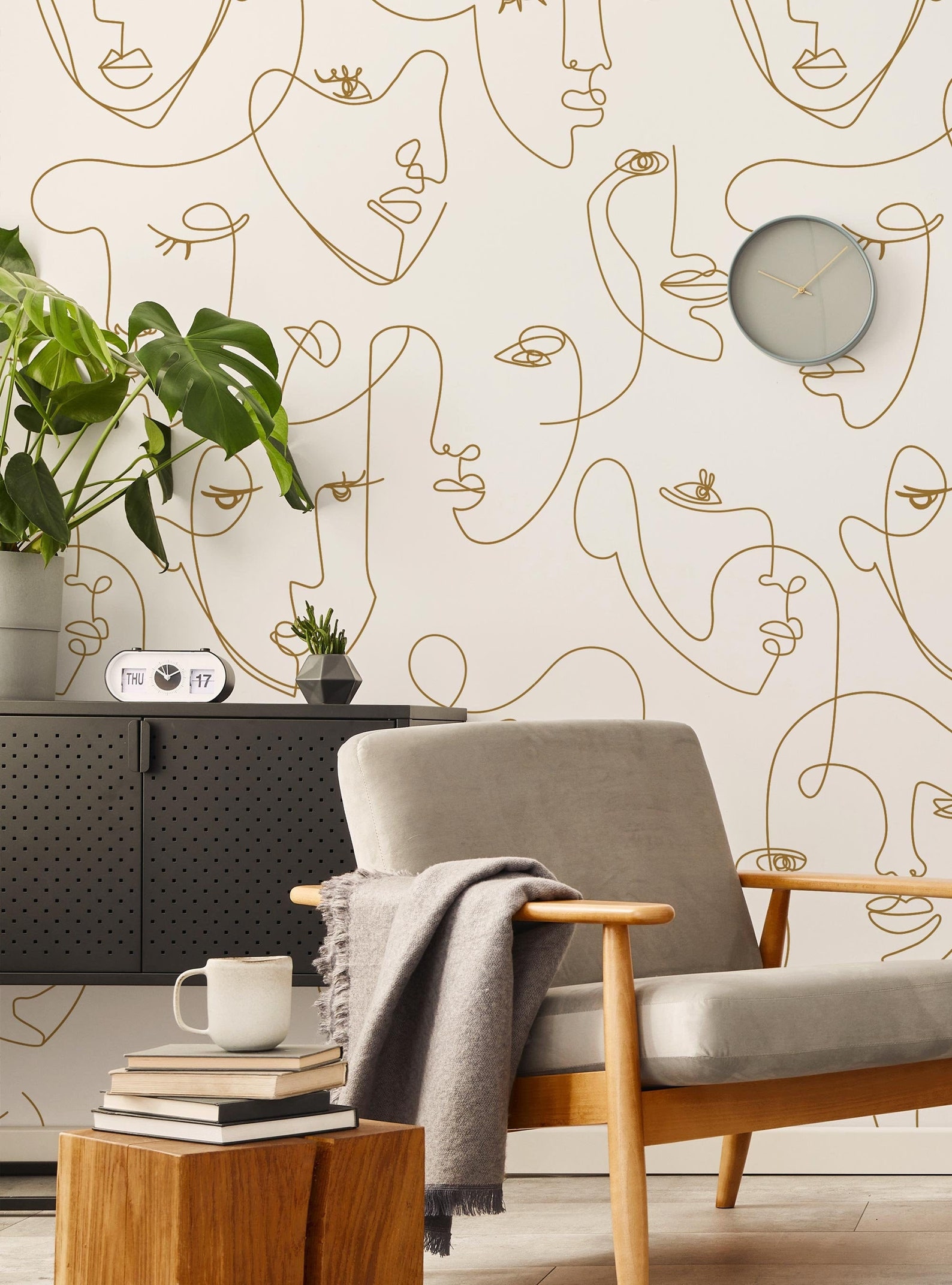 Minimalist Face Line Art Mural Wallpaper, Gold, Peel and Stick Wall ...