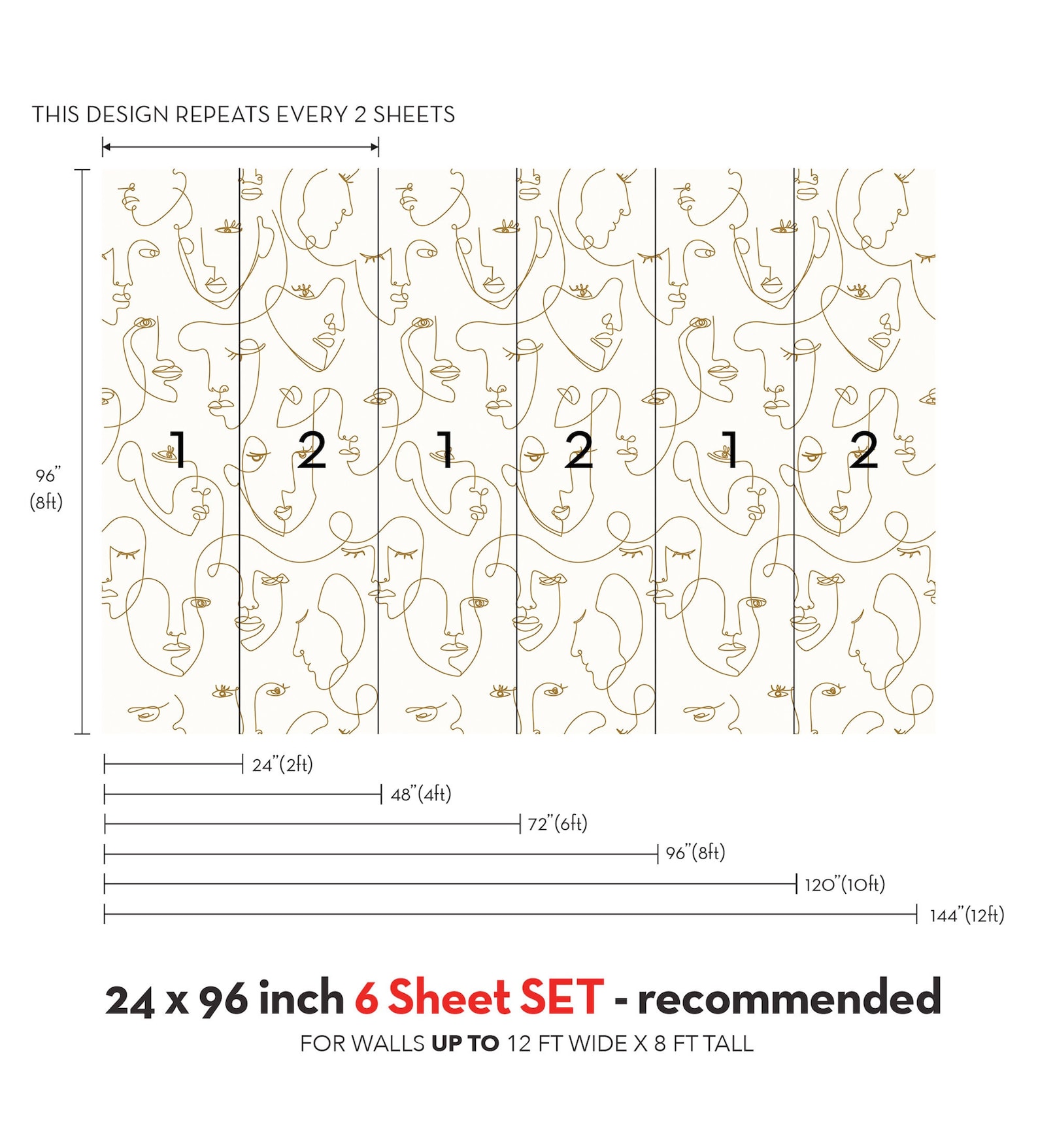 Minimalist Face Line Art Mural Wallpaper, Gold, Peel and Stick Wall ...