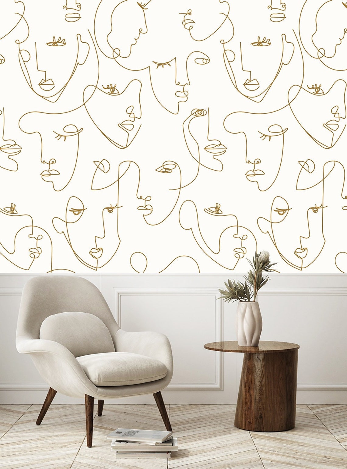 Minimalist Face Line Art Mural Wallpaper, Gold, Peel and Stick Wall ...
