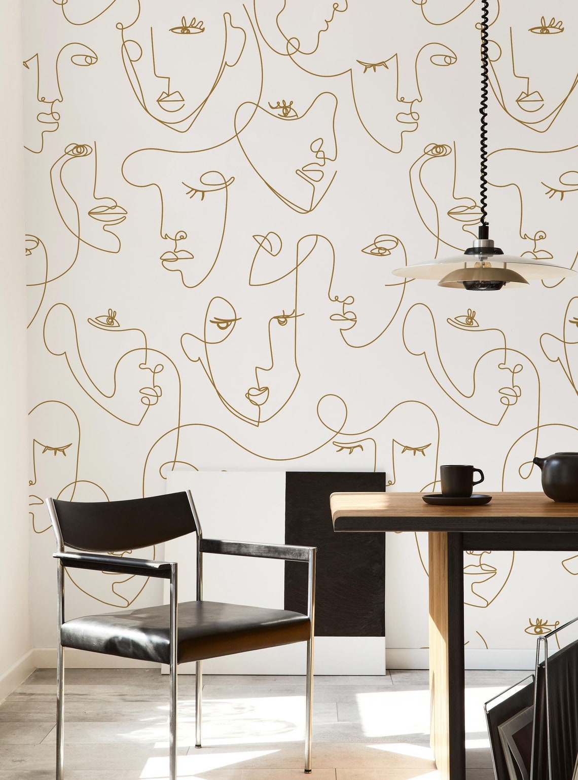 Minimalist Face Line Art Mural Wallpaper, Gold, Peel and Stick Wall ...