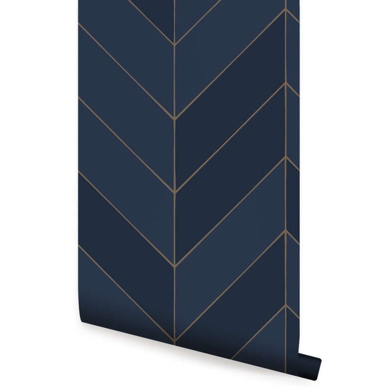 Gold Lines Chevron Wallpaper, Navy, Wallpaper - Etsy