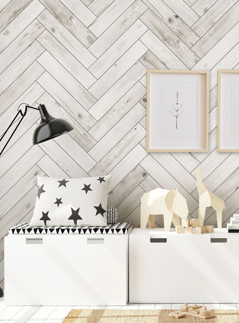 Herringbone Whitewashed Barn Wood Planks Mural Wallpaper, White, Wall ...
