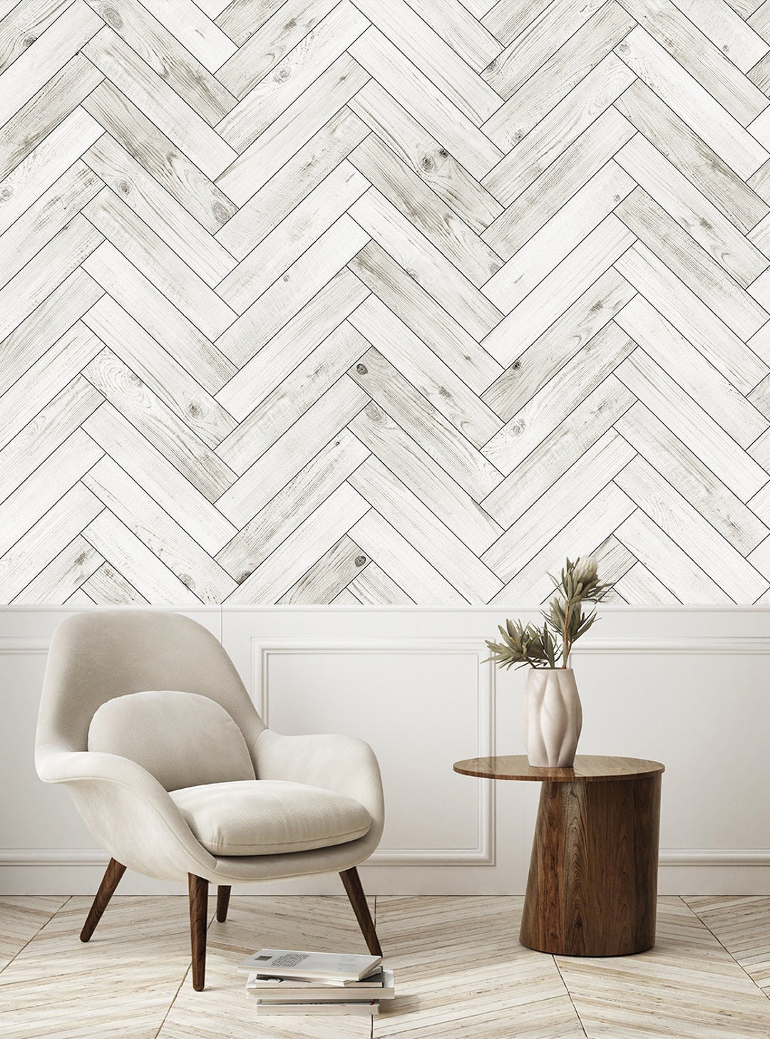 Herringbone Whitewashed Barn Wood Planks Mural Wallpaper, White, Wall ...