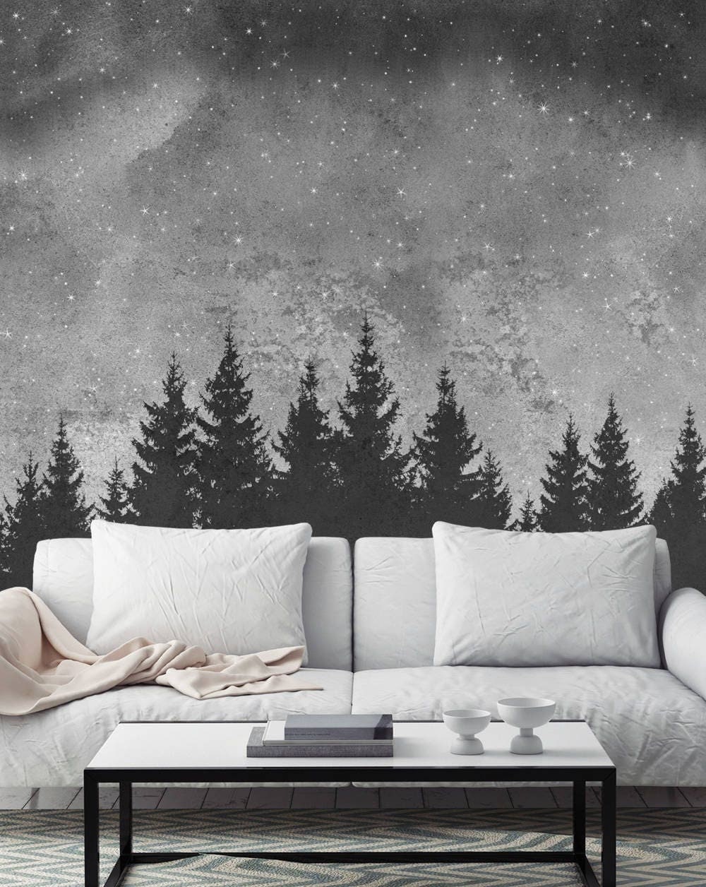 Forest Trees Night Scene Mural Wallpaper: Black & White Extra Large ...