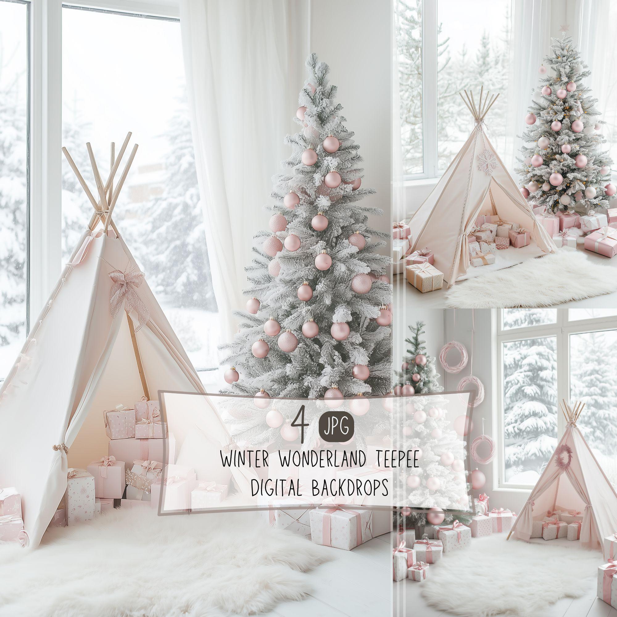 Winter Wonderland Teepee Digital Backdrops: Christmas Tree Background With Pink Gifts for ...