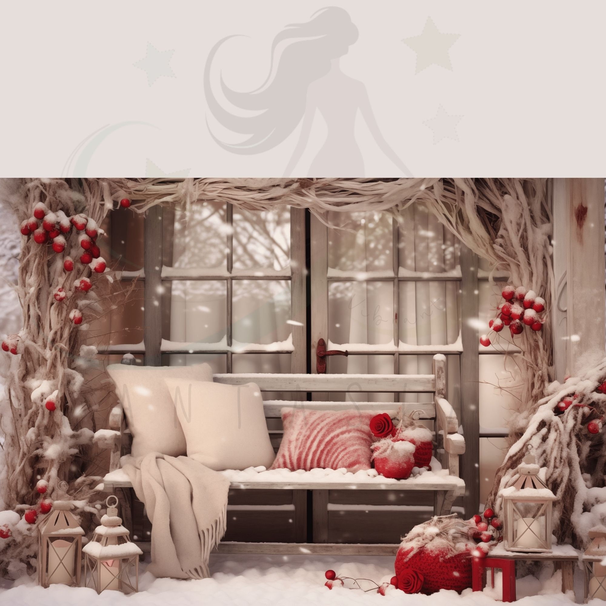 Cozy Christmas Bench Digital Backdrops, Red & Beige Pillows With Snowy ...