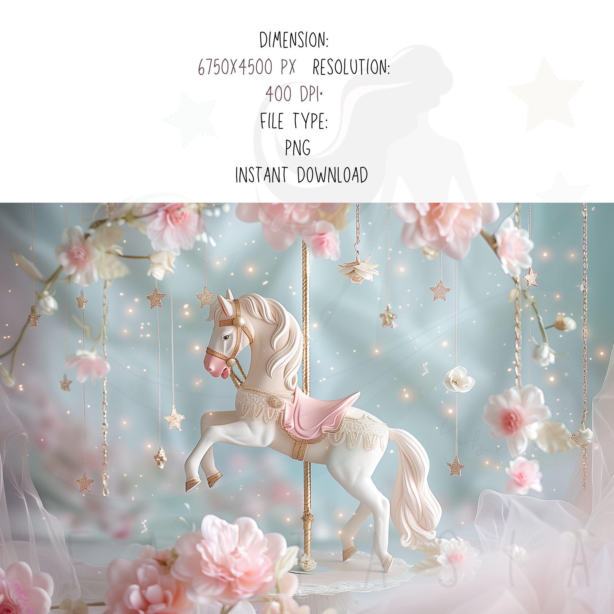 Carousel Horse Digital Backdrops: Whimsical Floral Fantasy Backgrounds ...