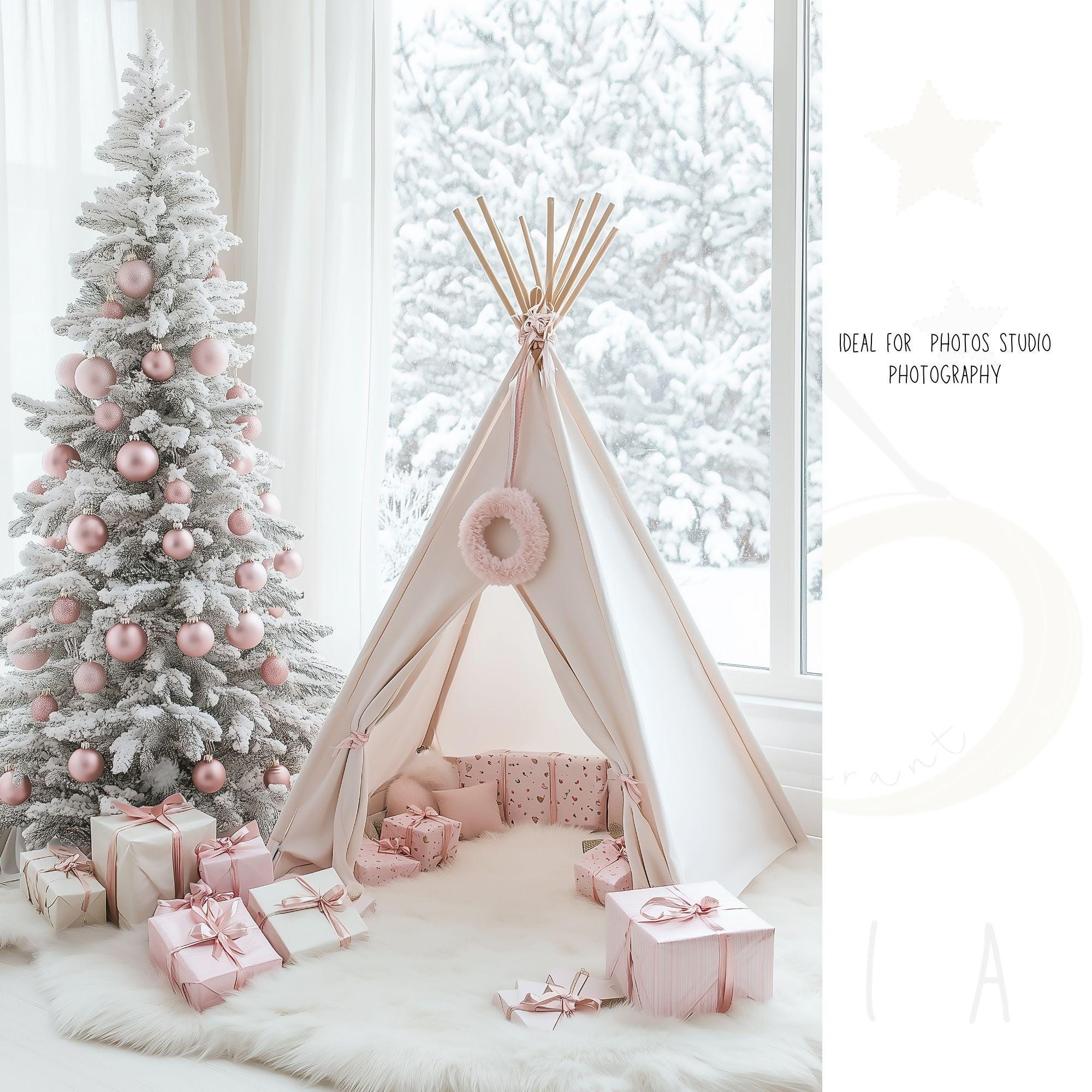 Winter Wonderland Teepee Digital Backdrops: Christmas Tree Background With Pink Gifts for ...