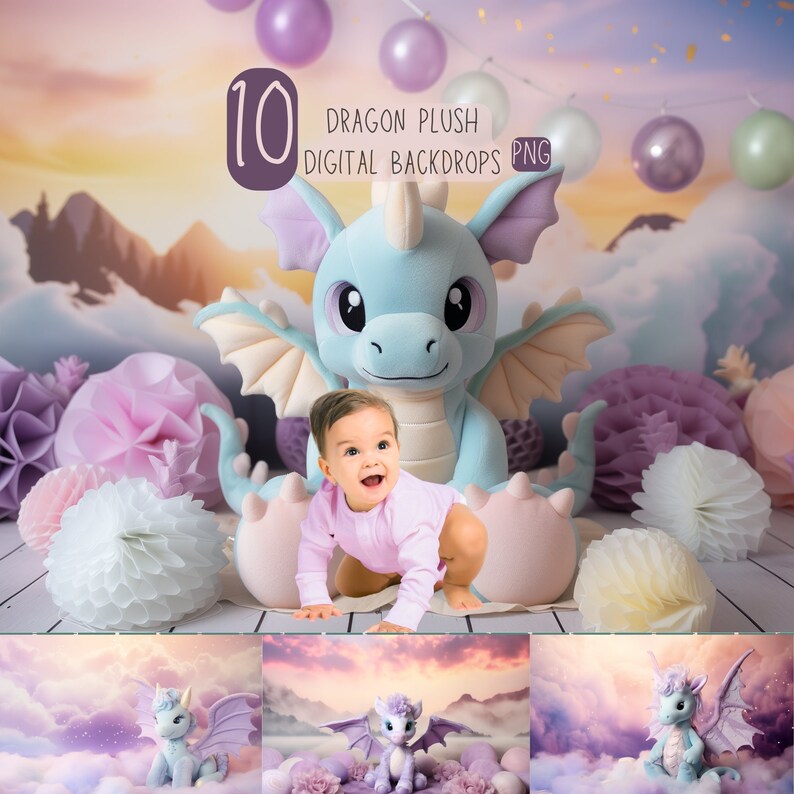 Fantasy Dragon Plush Digital Backdrops: Baby Cake Smash Overlays (PNG ...
