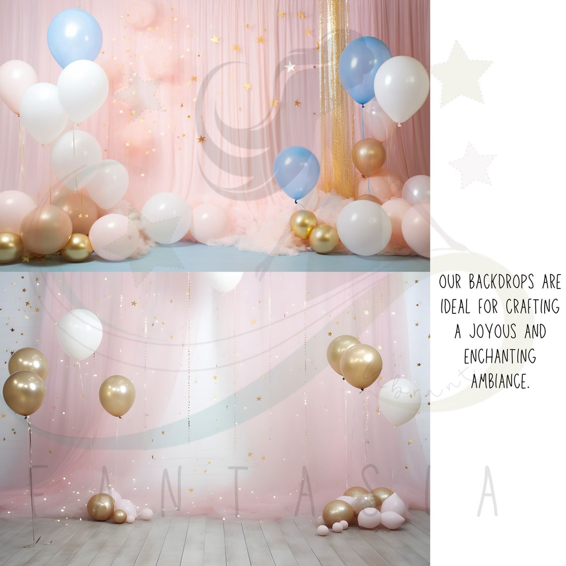 Starry Night Balloon Digital Backdrops, Pastel & Gold Decorations ...