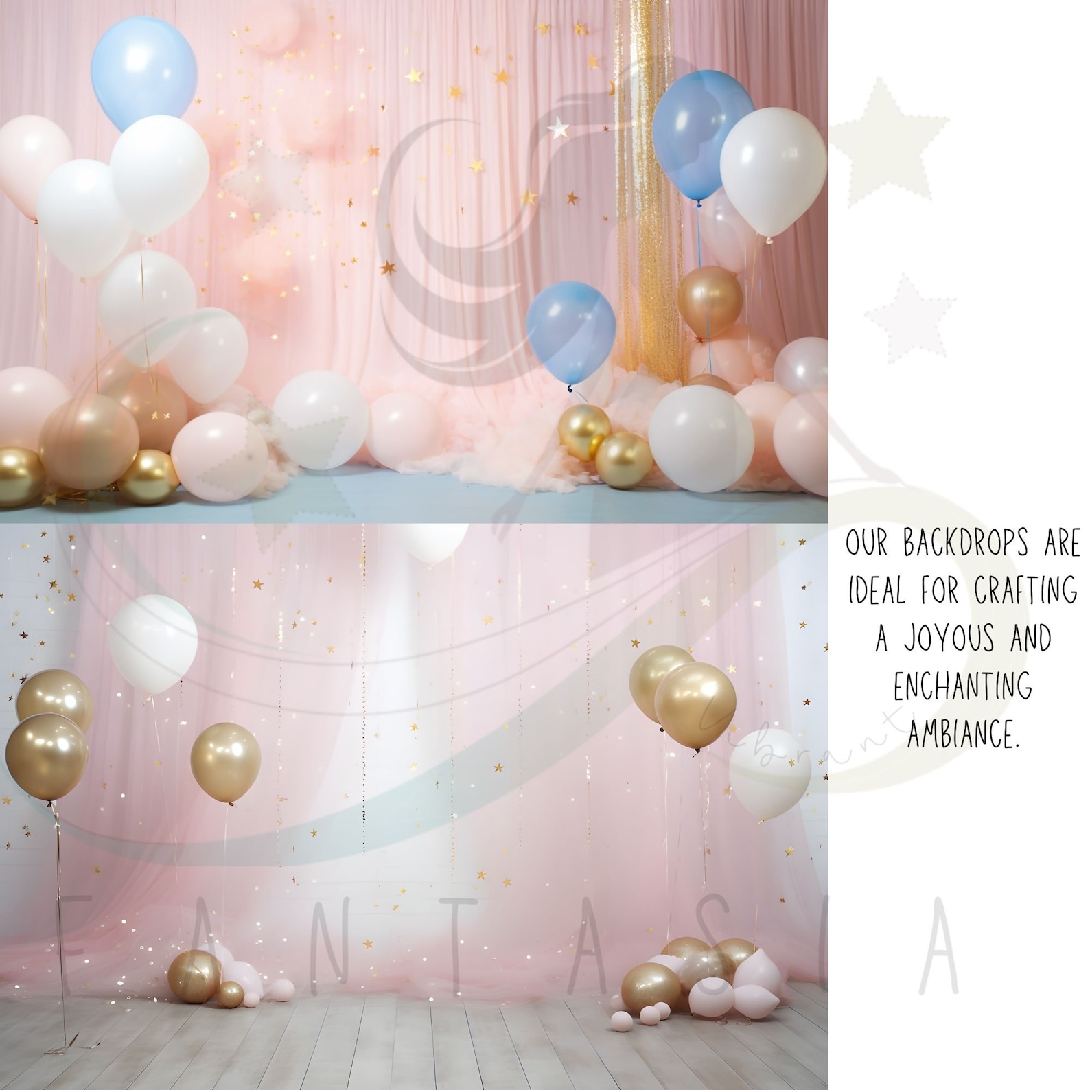 Starry Night Balloon Digital Backdrops, Pastel & Gold Decorations ...