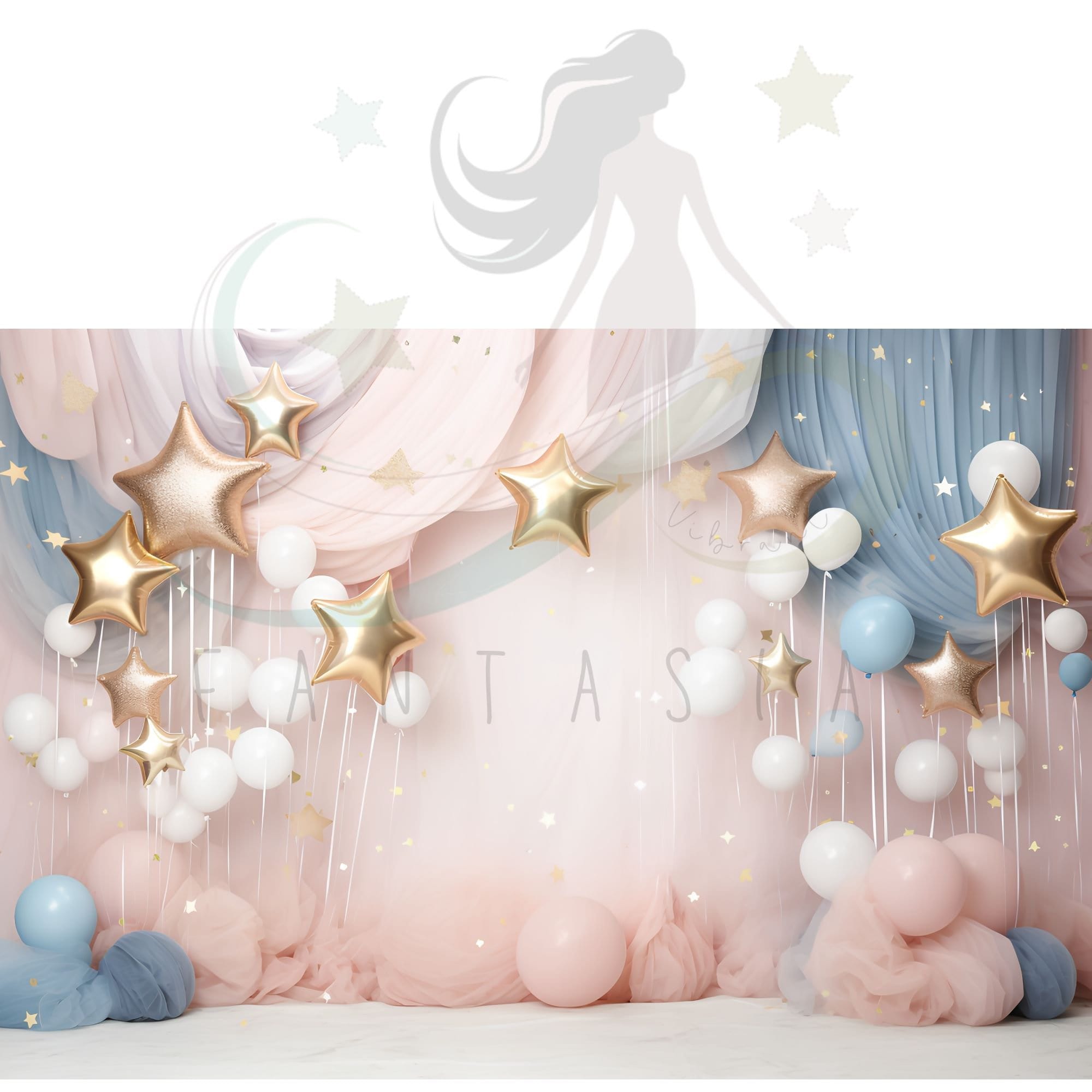 Starry Night Balloon Digital Backdrops, Pastel & Gold Decorations ...