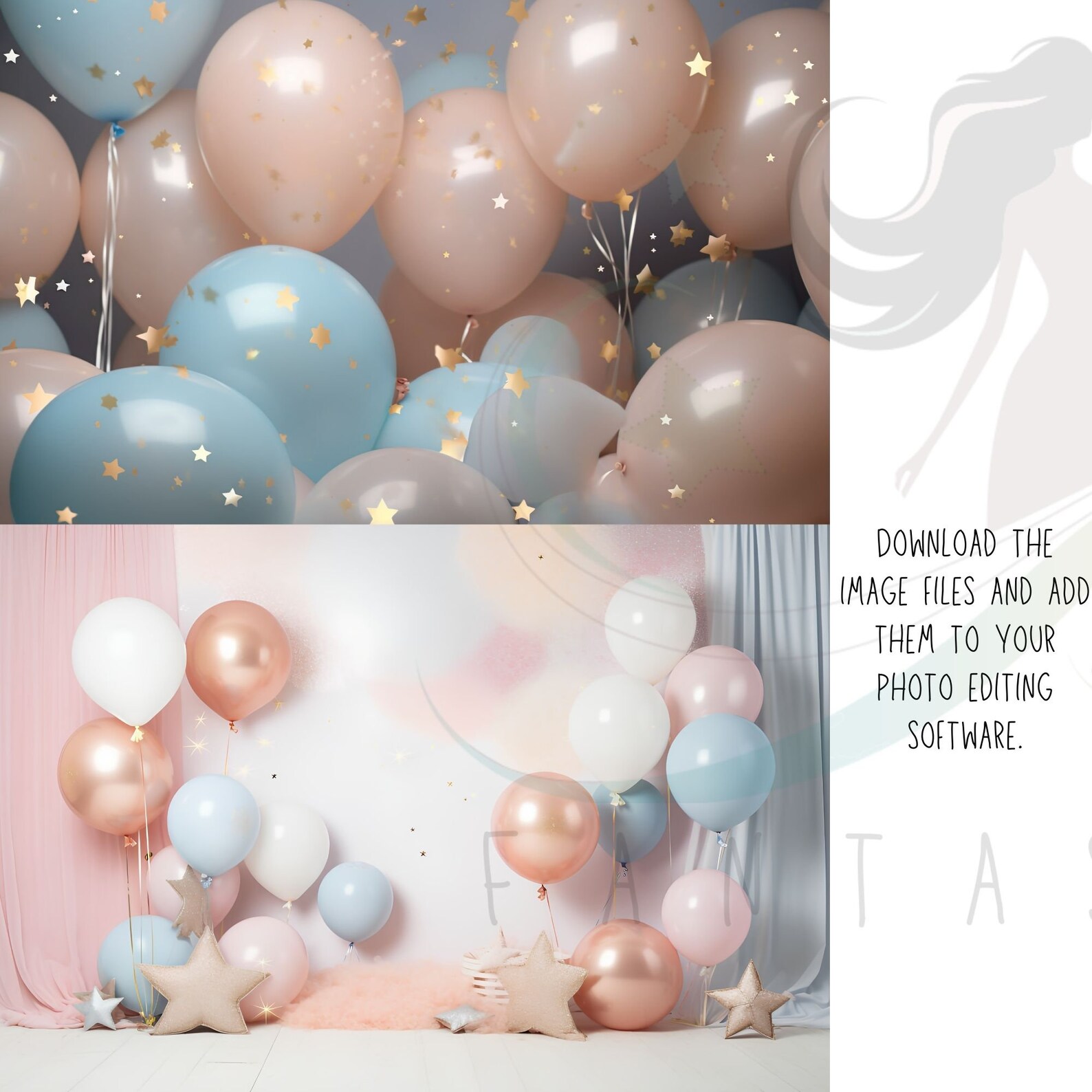 Starry Night Balloon Digital Backdrops, Pastel & Gold Decorations ...