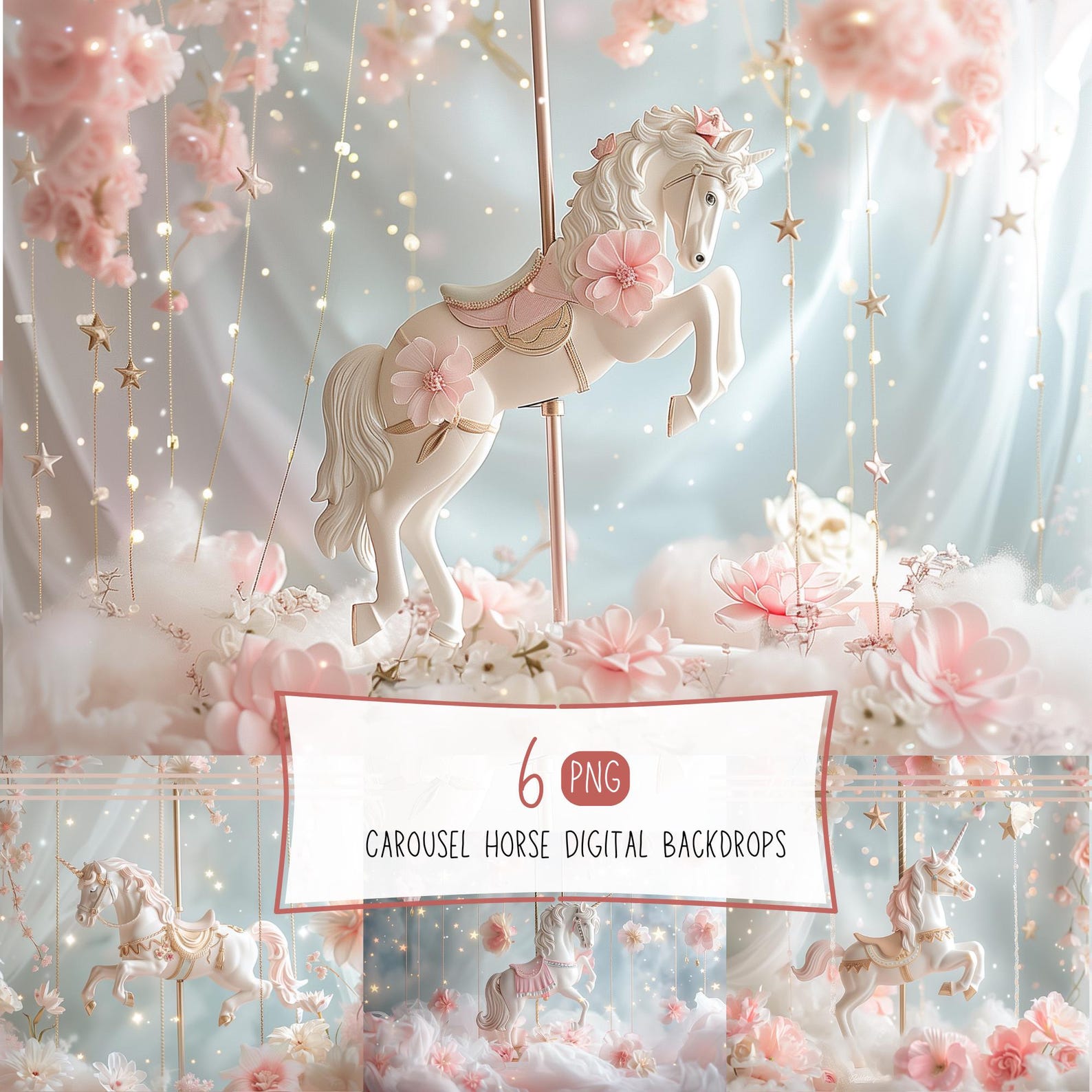 Carousel Horse Digital Backdrops: Whimsical Floral Fantasy Backgrounds ...