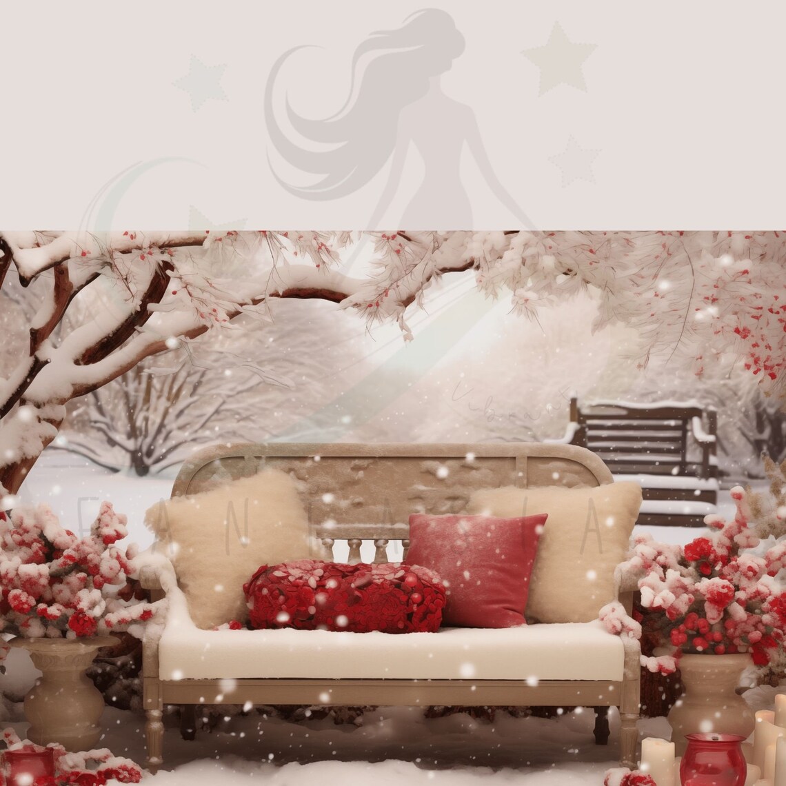 Cozy Christmas Bench Digital Backdrops, Red & Beige Pillows With Snowy ...
