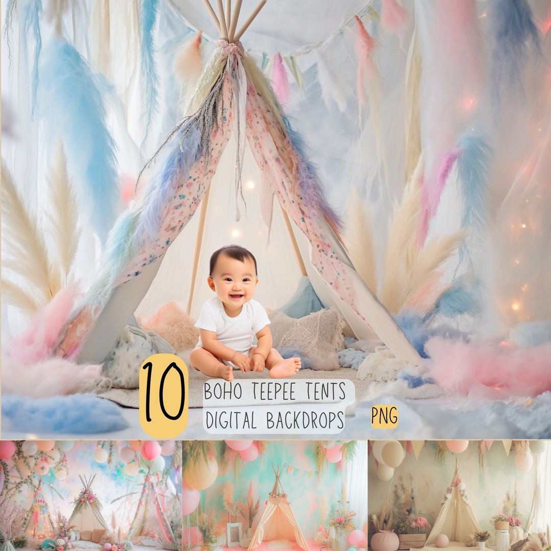 Boho Teepee Tents Digital Backdrops, Kids' Birthday Parties Background, Studio Photoshop ...