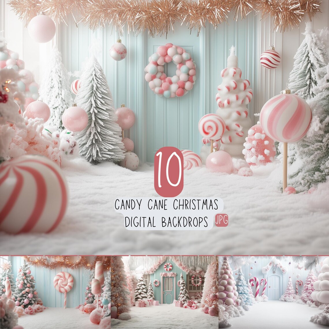Candy Cane Christmas Digital Backdrops, Pink Candyland, Winter Holiday Wonderland, Pastel Photo ...