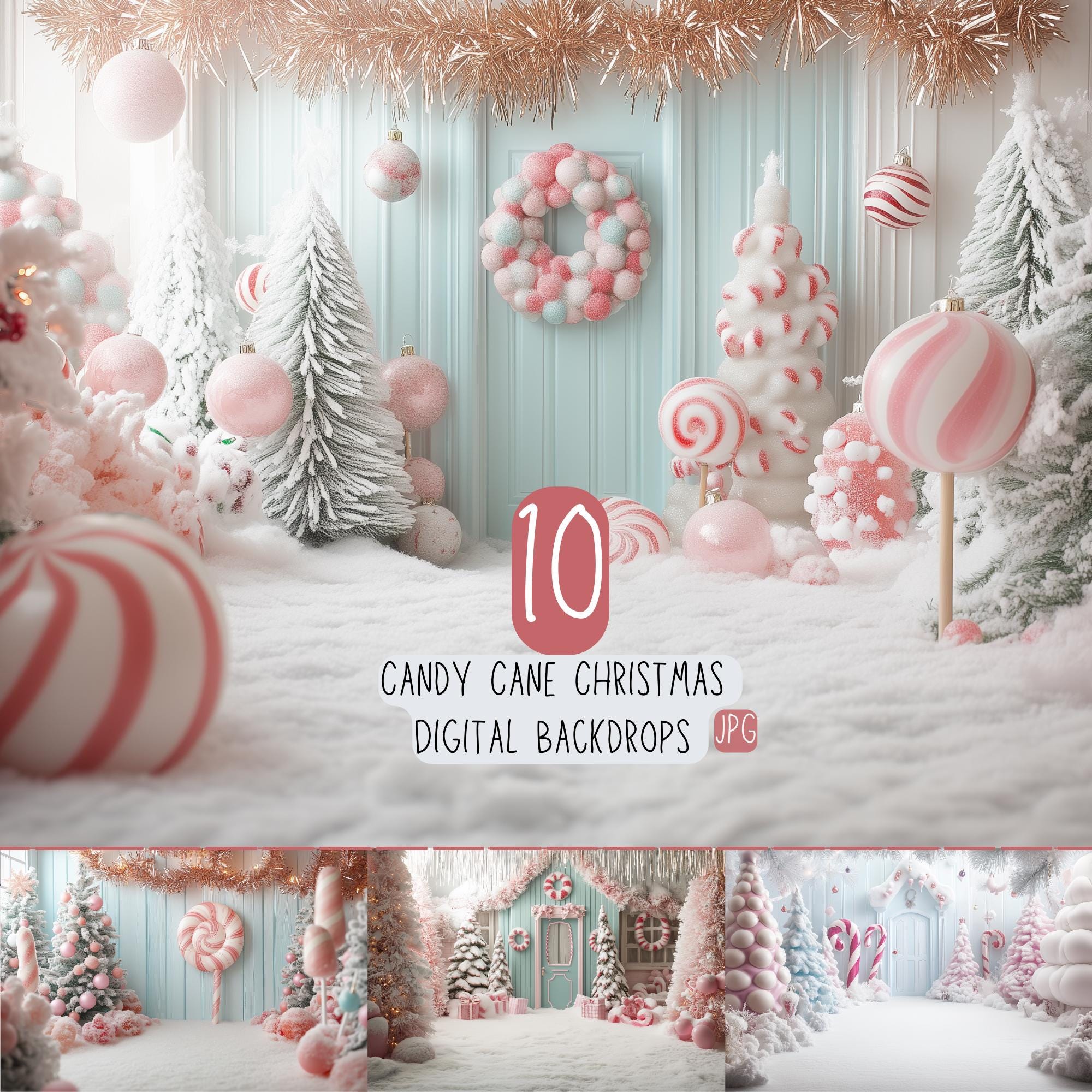 Candy Cane Christmas Digital Backdrops, Pink Candyland, Winter Holiday ...