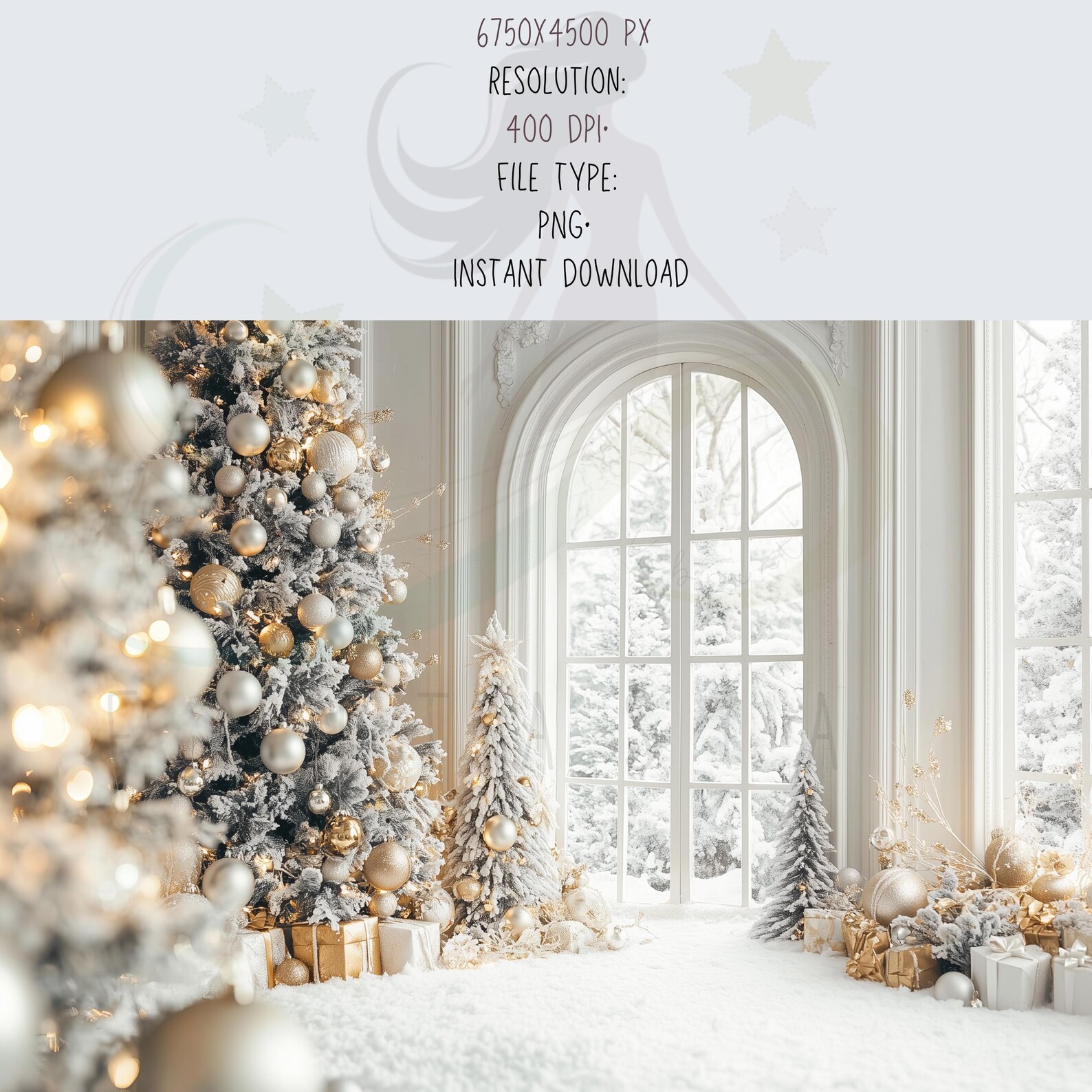 Cozy Christmas Snowy Window Digital Backdrop Winter Xmas Tree With Gold ...