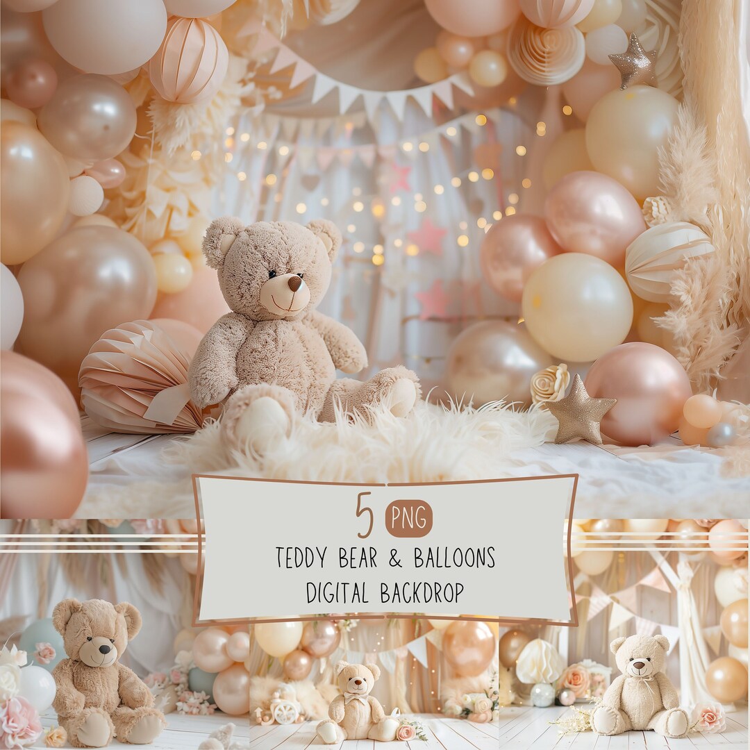 Cute Teddy Bear & Balloons Digital Backdrops for Kids, Child ...
