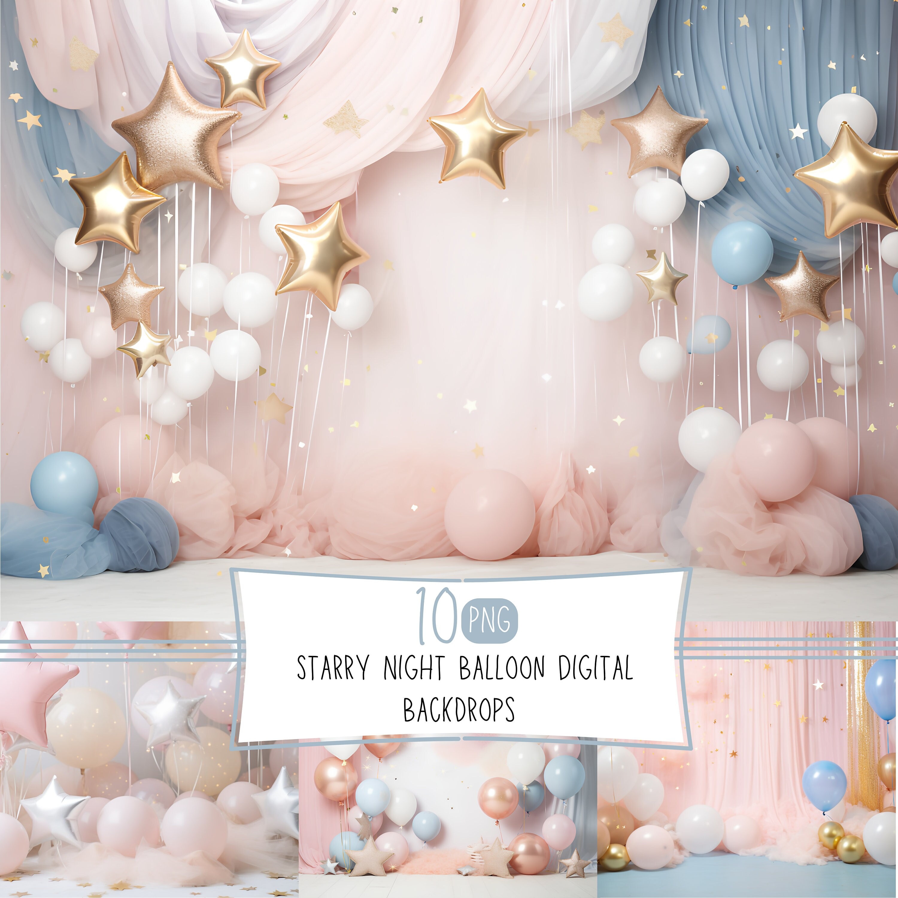Starry Night Balloon Digital Backdrops, Pastel & Gold Decorations ...
