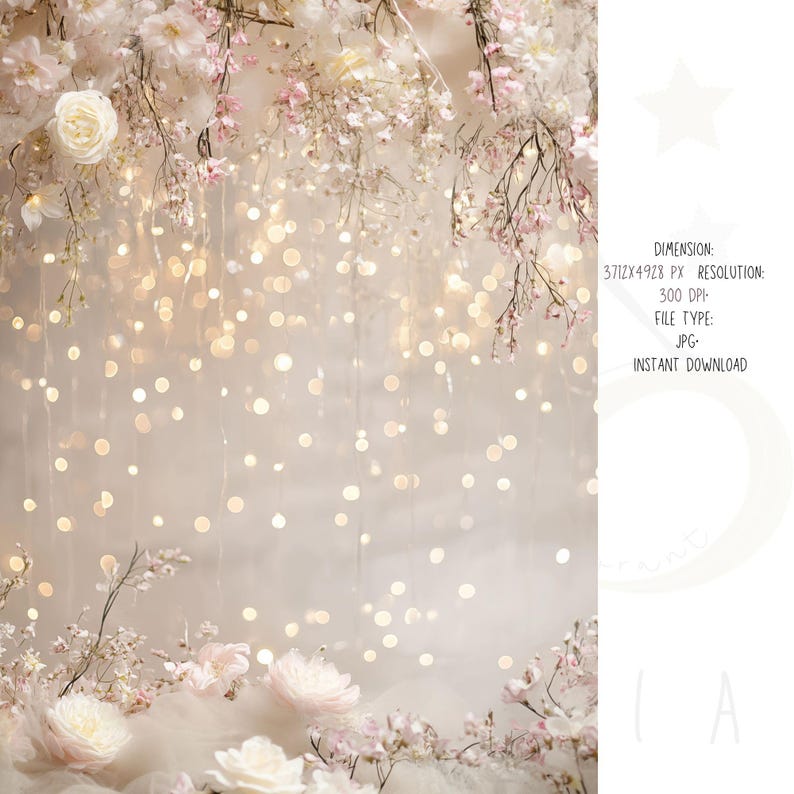 Elegant Floral Wedding Digital Backdrops, White Flowers and Fairy ...