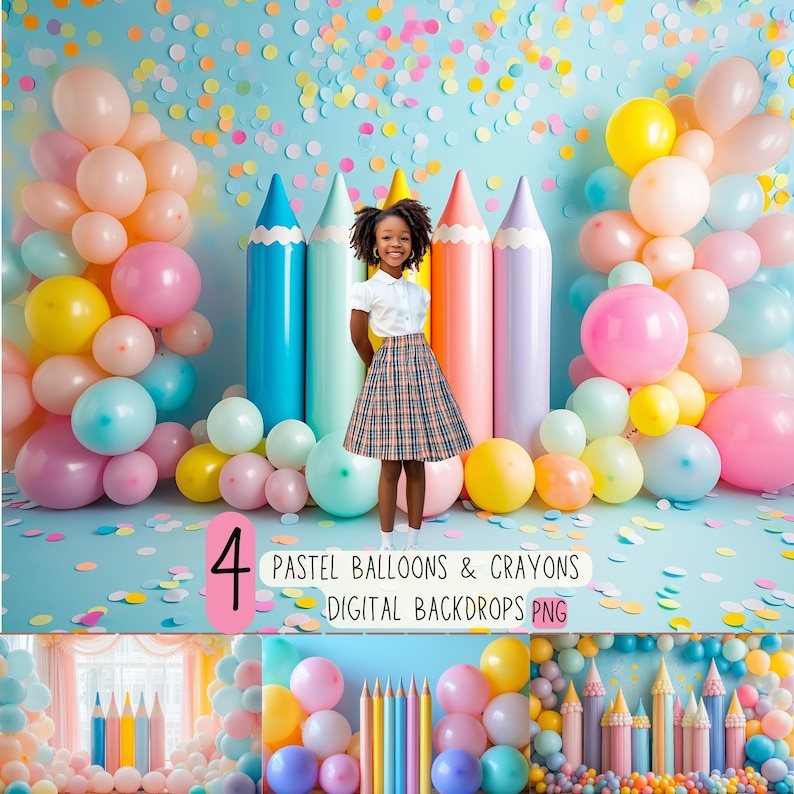 Pastel Balloons & Crayons Digital Backdrops, Photography Backgrounds for Back to School Kids ...