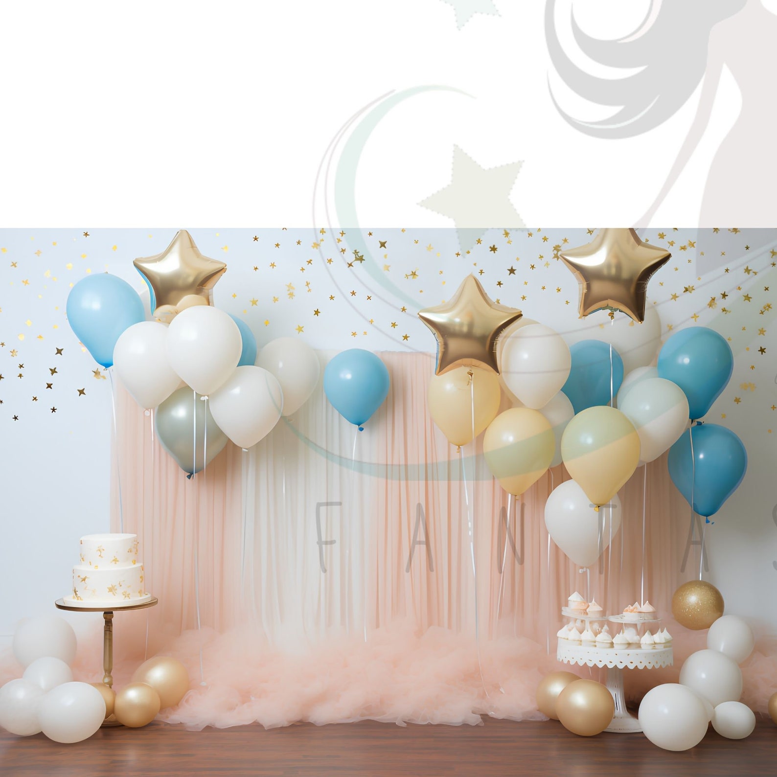 Starry Night Balloon Digital Backdrops, Pastel & Gold Decorations ...