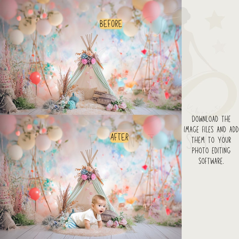 Boho Teepee Tents Digital Backdrops, Kids' Birthday Parties Background, Studio Photoshop ...