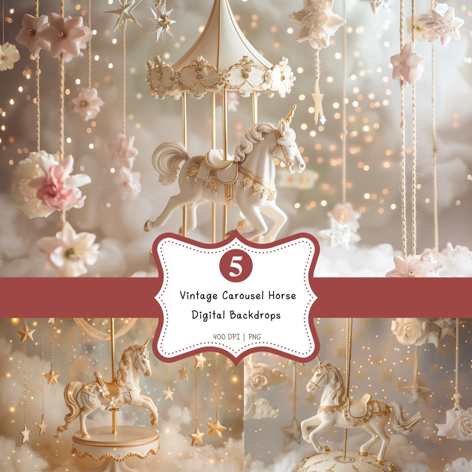 Vintage Carousel Horse Digital Backdrops, Floral Fantasy Backgrounds ...