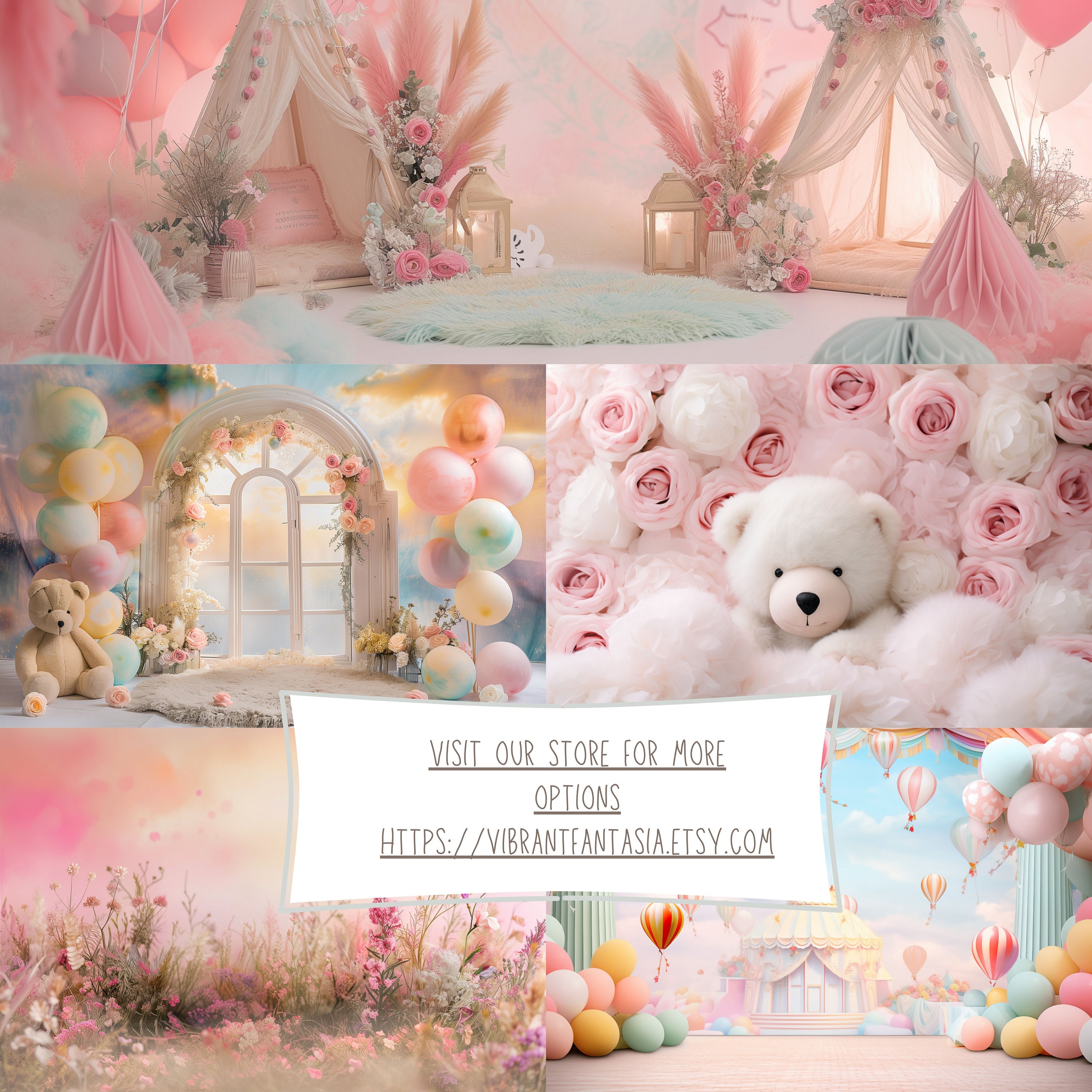 Cute Teddy Bear & Balloons Digital Backdrops for Kids, Child ...